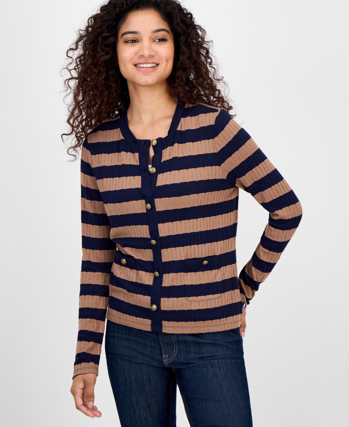 Click here for Nautica Jeans Womens Striped Ribbed Cardigan - Bar... prices