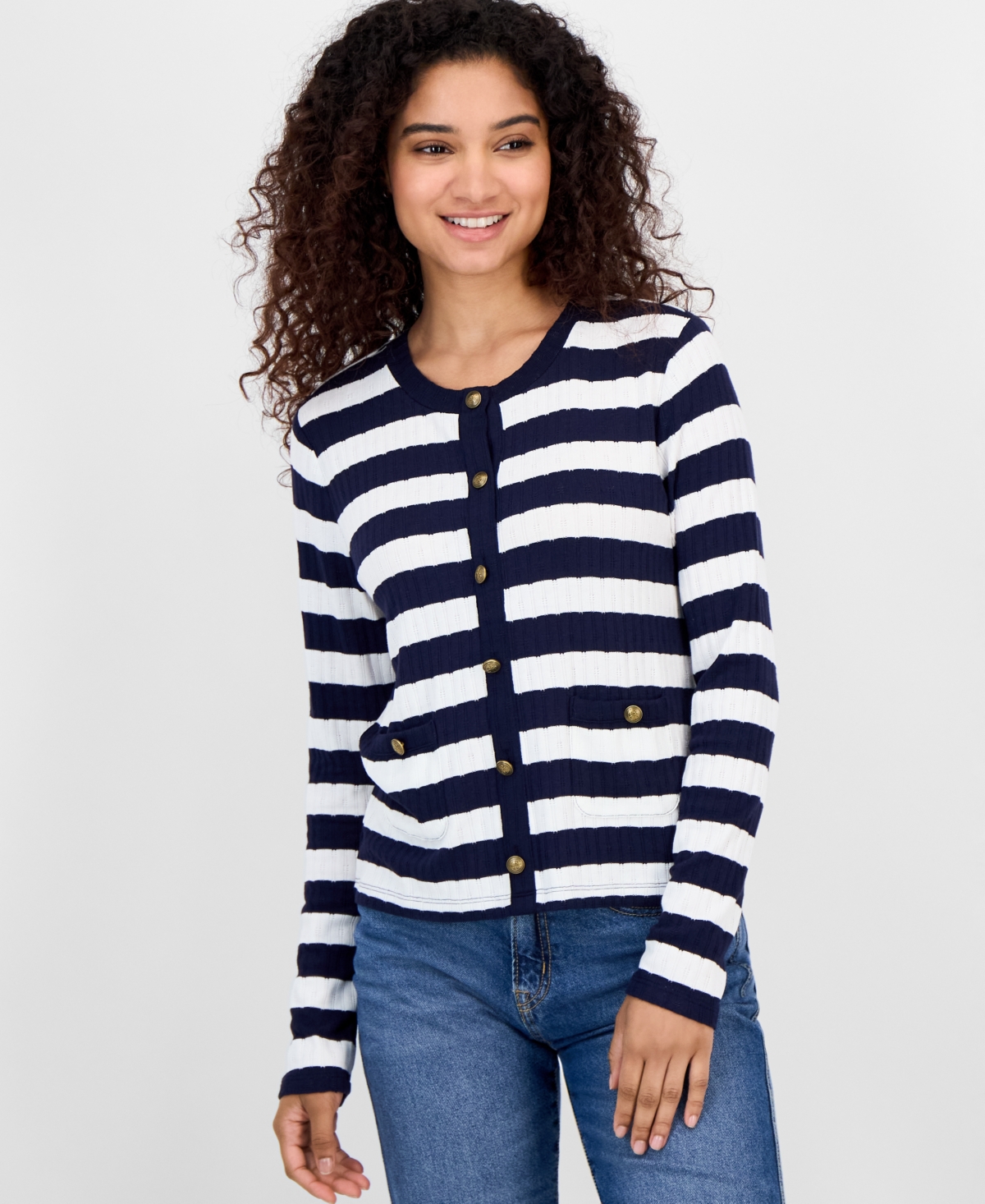 Click here for Nautica Jeans Womens Striped Faux Knit Cardigan -... prices