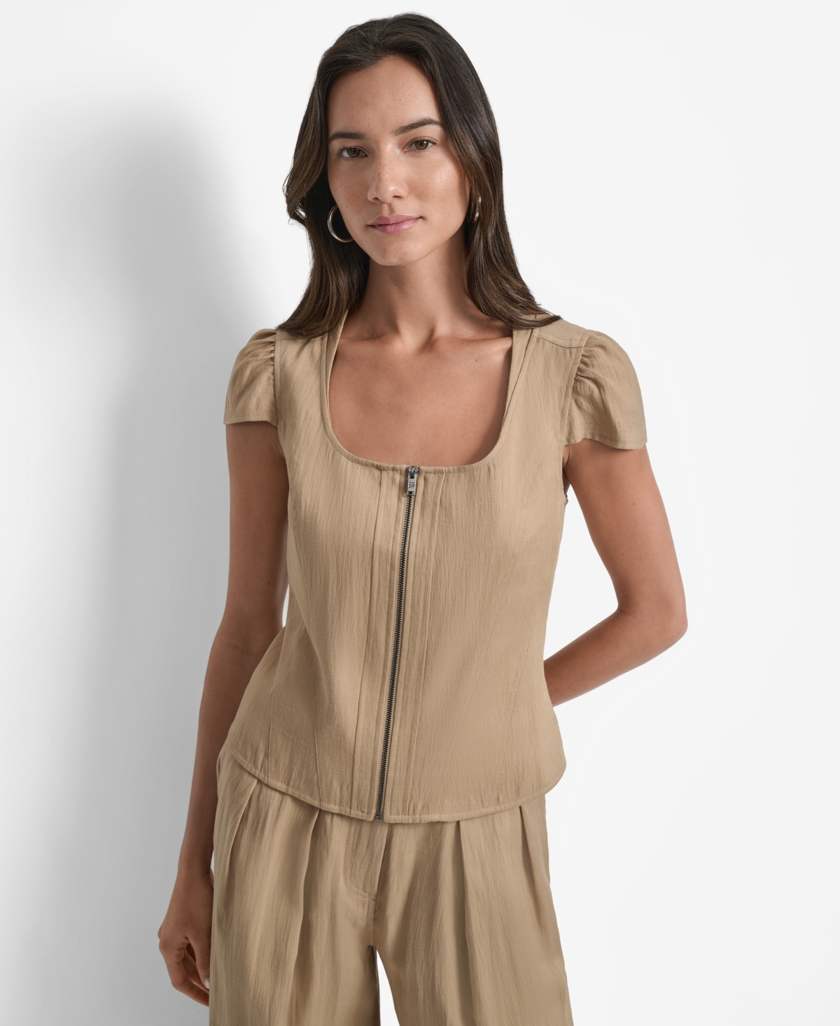 Click here for Dkny Womens Weathered Twill Square-Neck Top - Trav... prices
