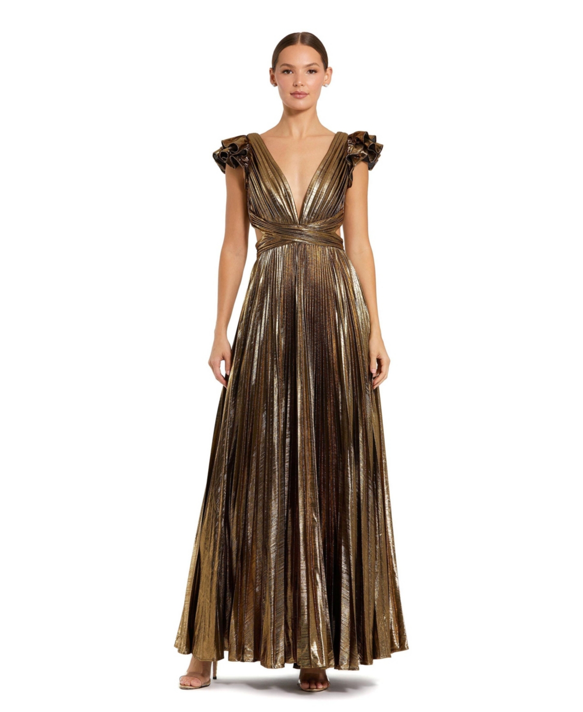 Mac Duggal Womens Ruffle Sleeve Cutout Pleated Metallic Gown - Antique gold