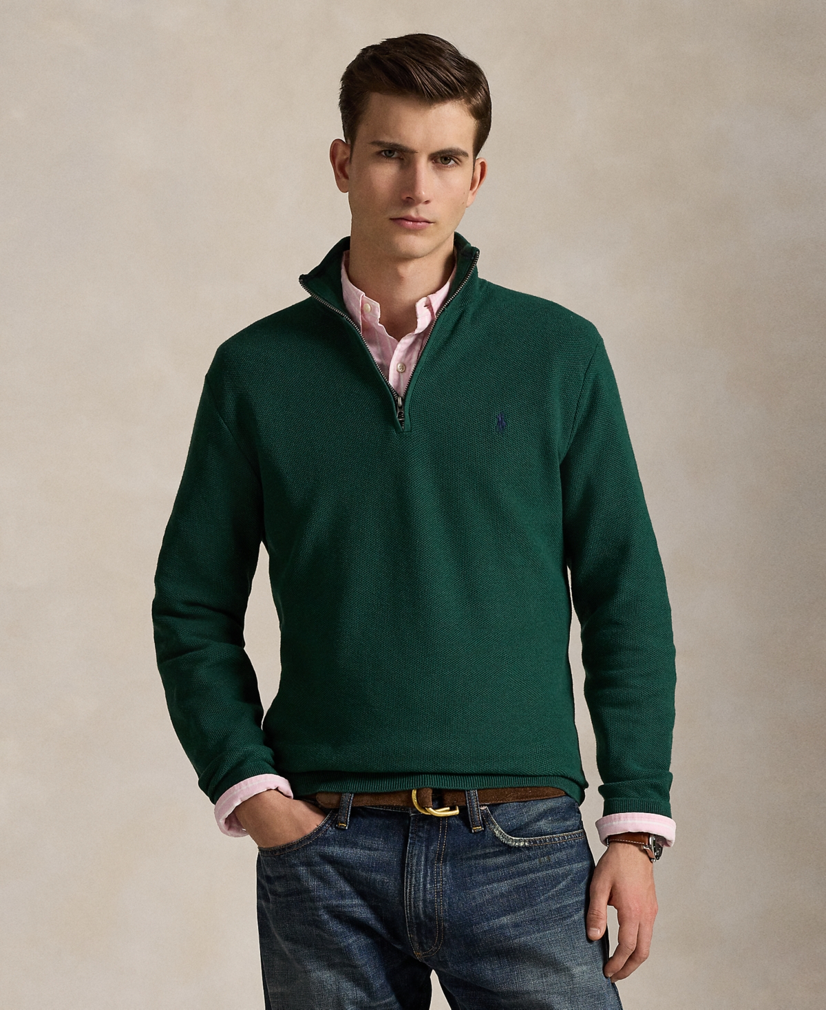Polo Ralph Lauren Mens Mesh-Knit Cotton Quarter-Zip Sweater - Vintage Pine