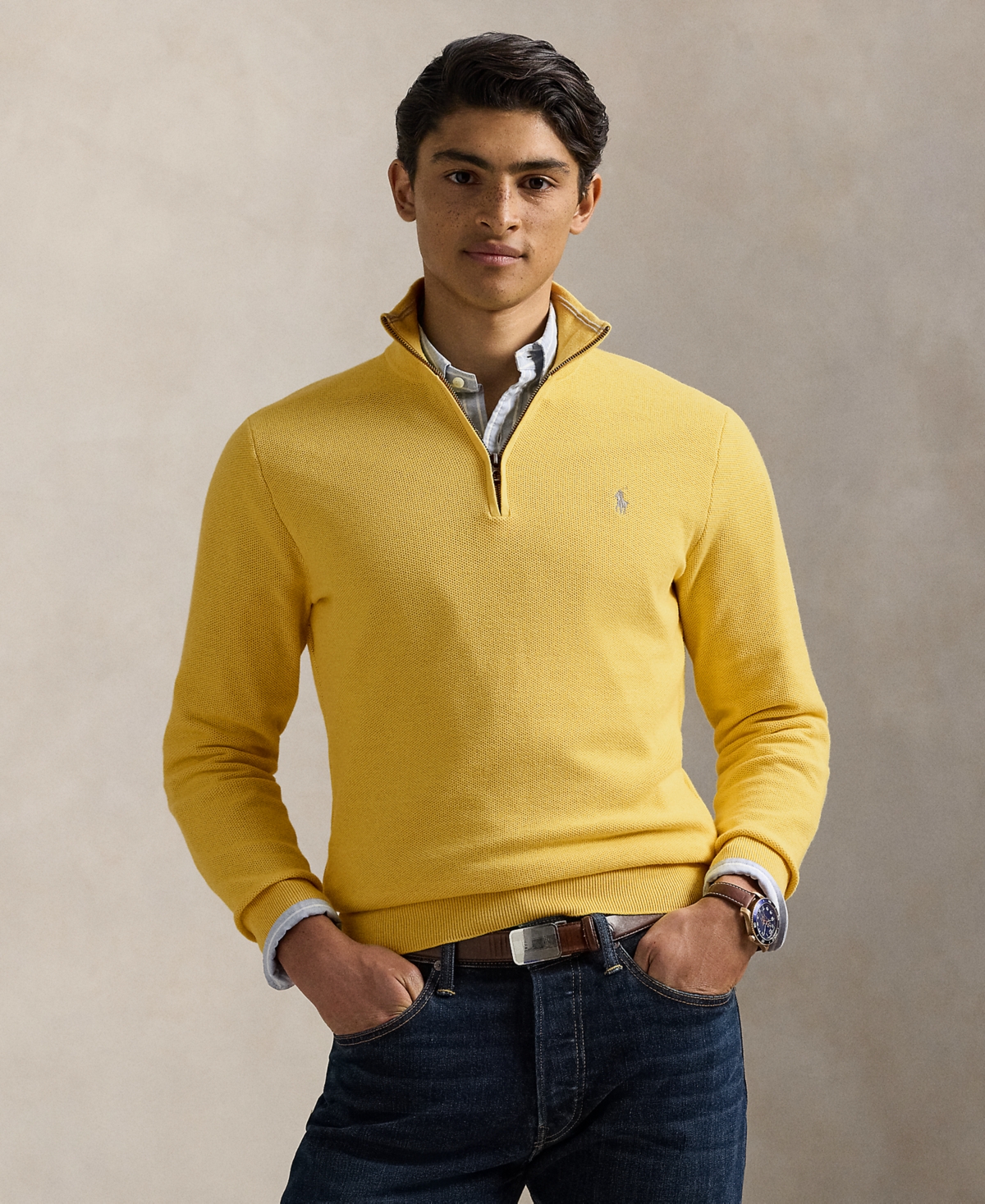 Polo Ralph Lauren Mens Mesh-Knit Cotton Quarter-Zip Sweater - Fall Yellow