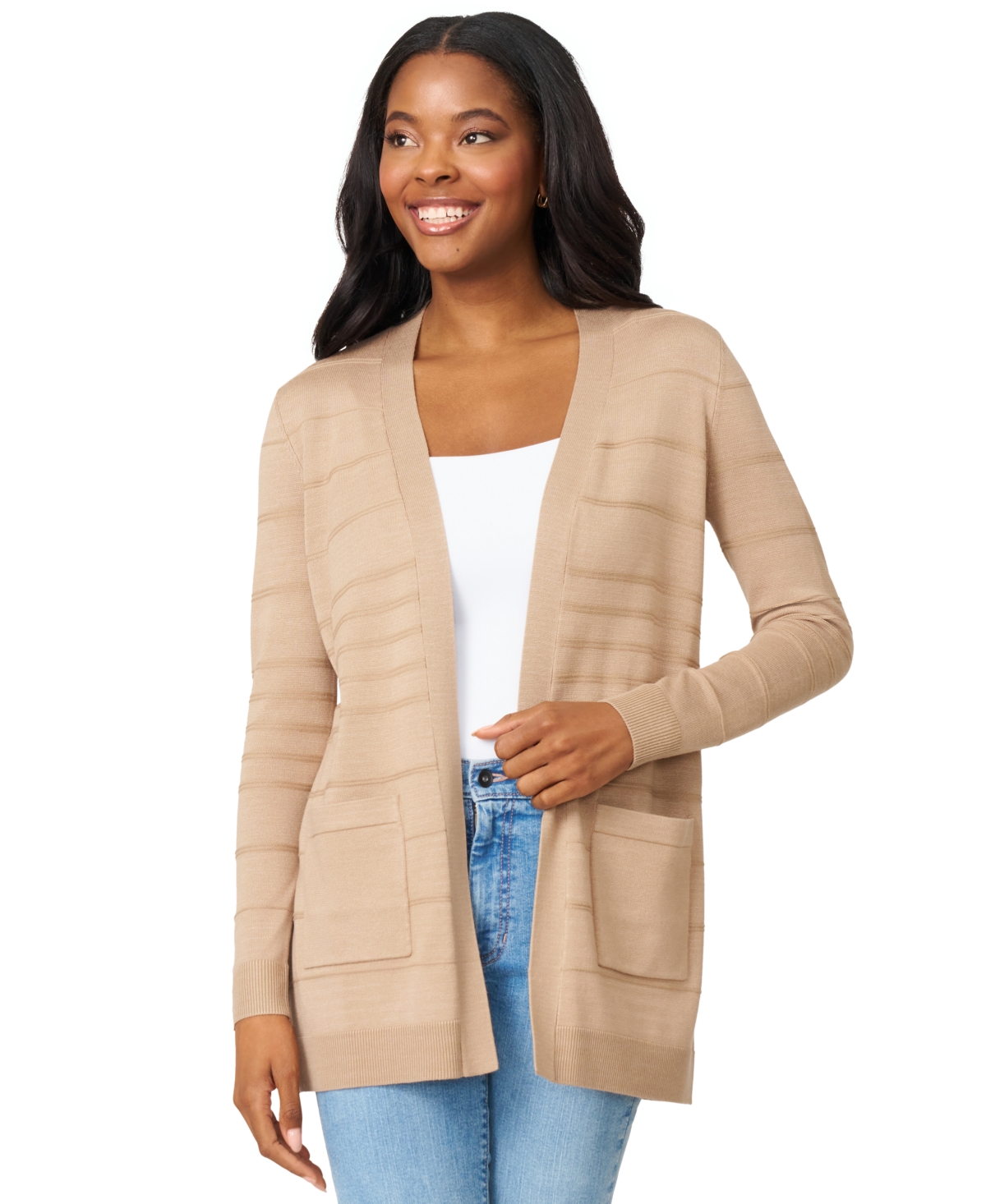Click here for Melissa Paige Petite Textured-Stripe Open-Front Ca... prices