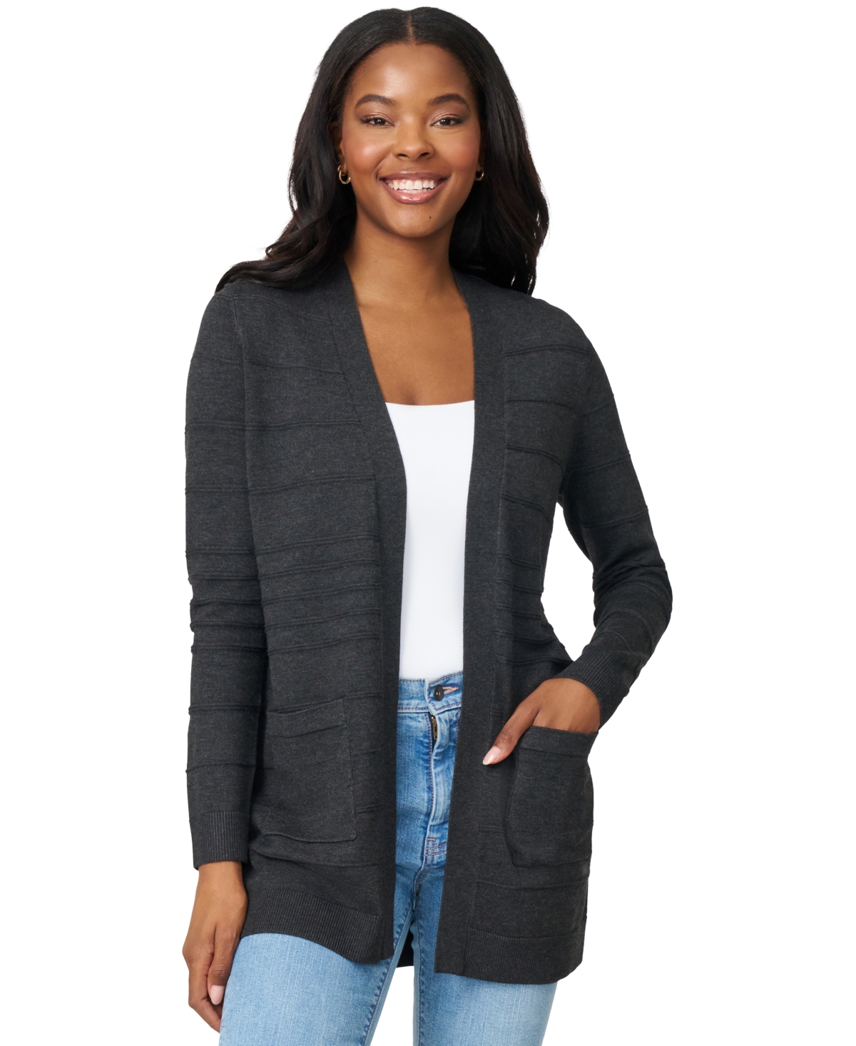 Click here for Melissa Paige Petite Textured-Stripe Open-Front Ca... prices