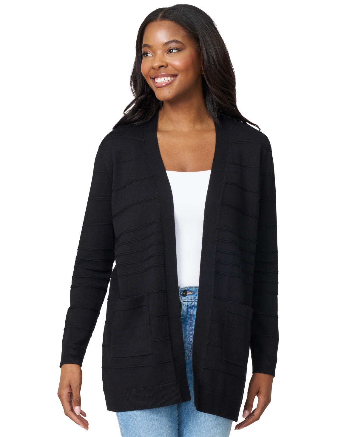 Click here for Melissa Paige Petite Textured-Stripe Open-Front Ca... prices