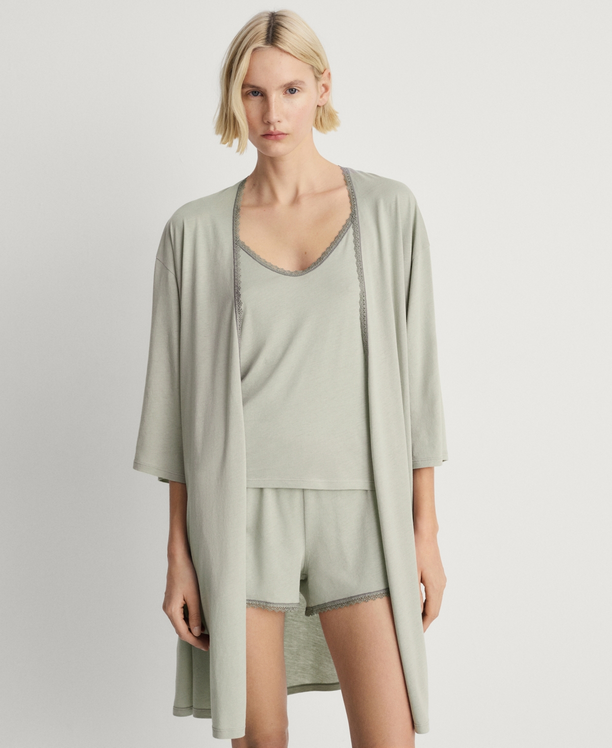 Click here for Mango Womens Contrast Lace Cotton Robe - Aqua Gree... prices