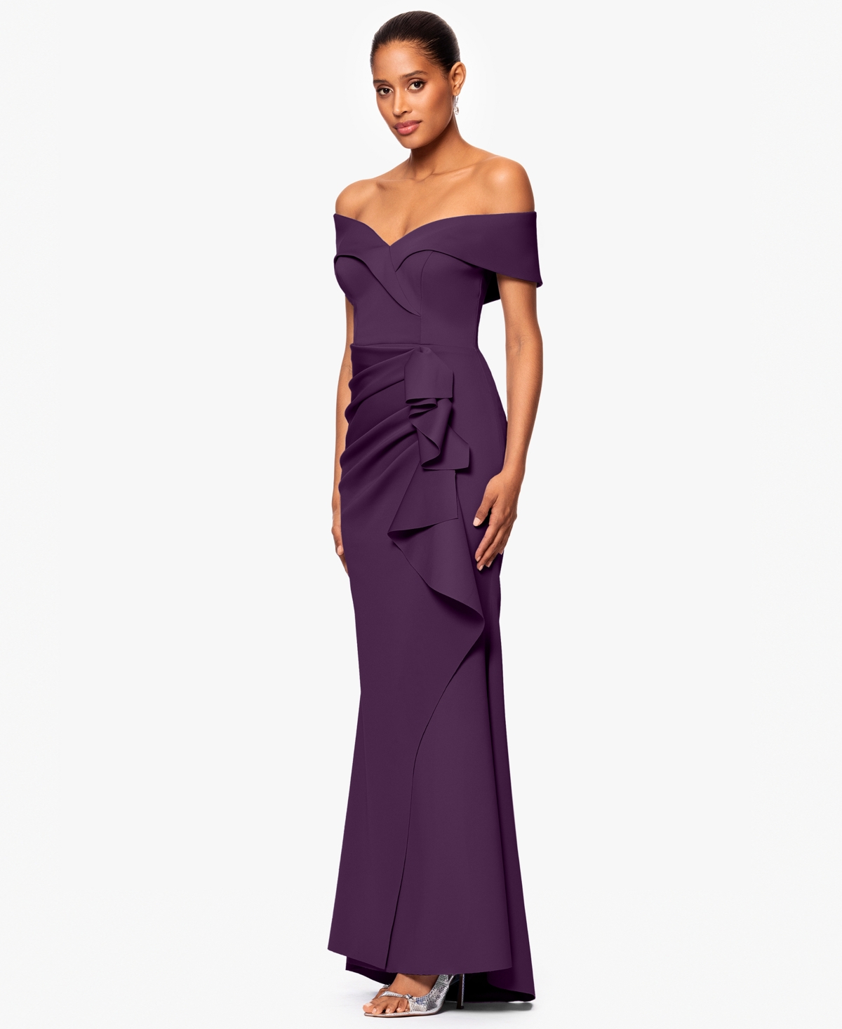Click here for Xscape Scuba Off-The-Shoulder Gown - Plum prices