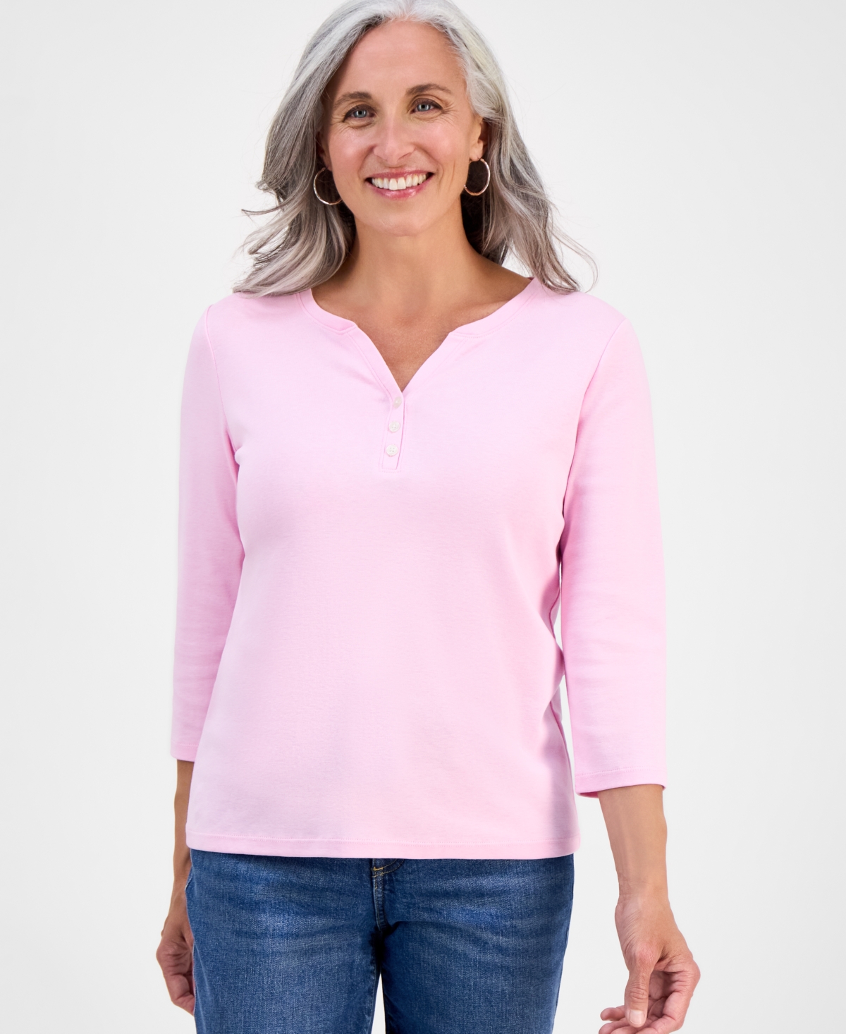 Style & Co Petite Cotton Knit Henley 3/4-Sleeve Top  Created for Macys - Pink Rush
