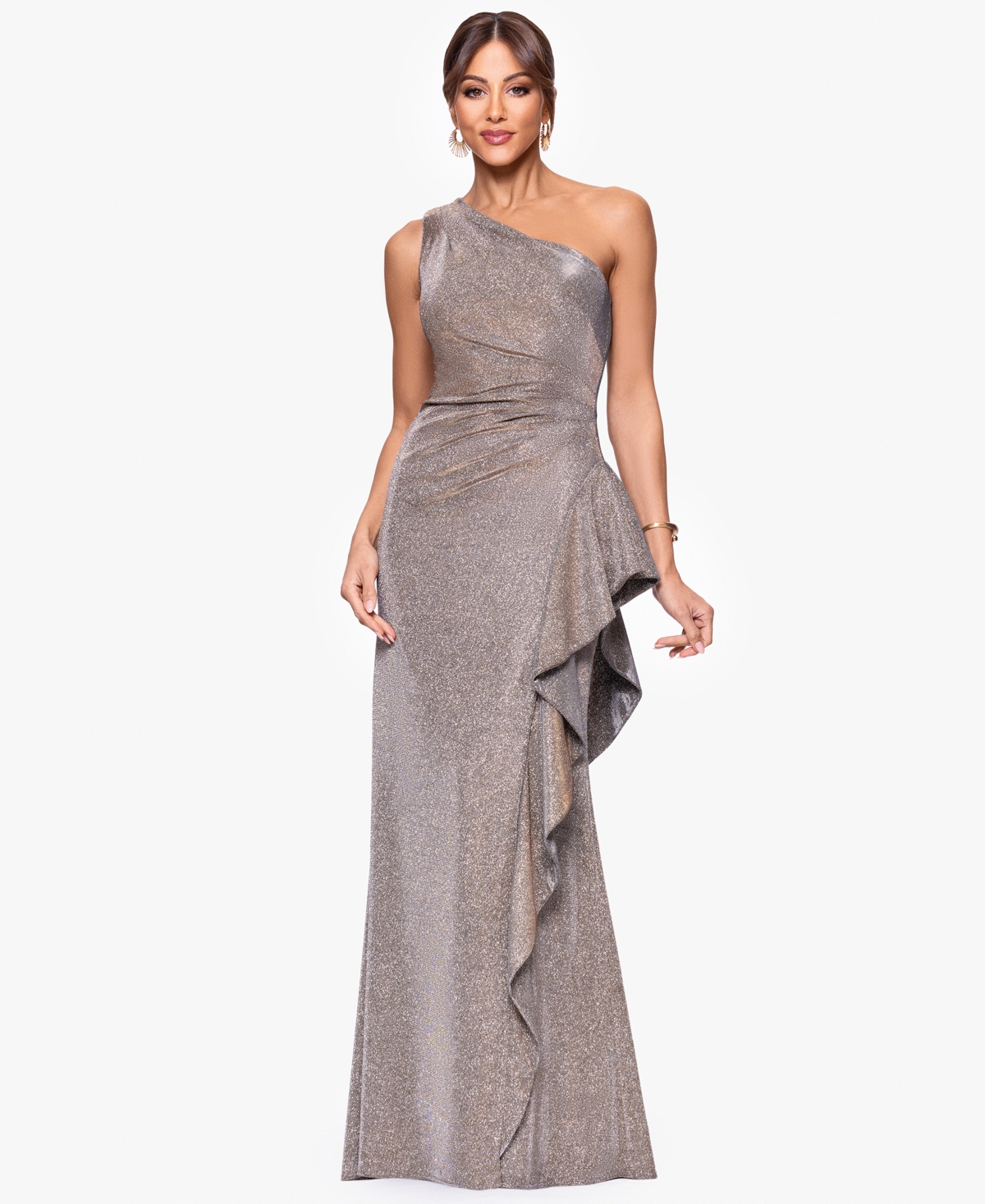 Click here for Xscape Petites One-Shoulder Long Sheath Dress - Sa... prices