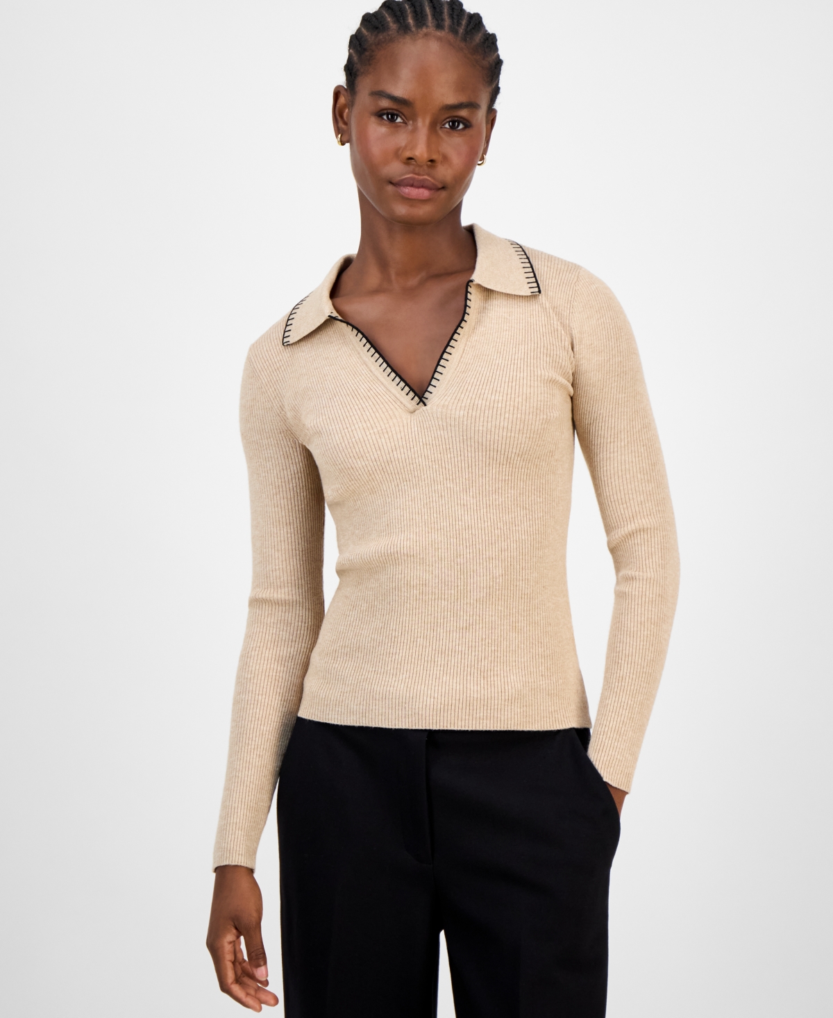 Click here for T Tahari Womens Ribbed-Knit Polo Top - Stone Camel... prices