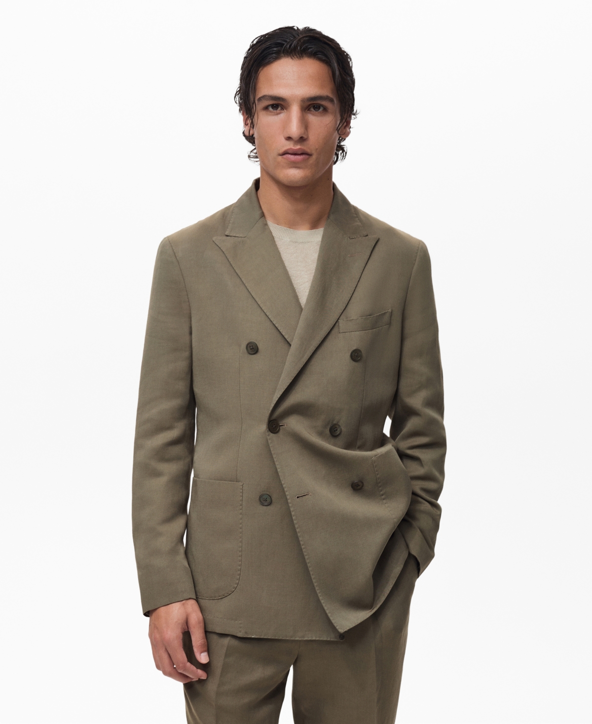 Click here for Mango Mens Linen Slim-Fit Double-Breasted Suit Bla... prices