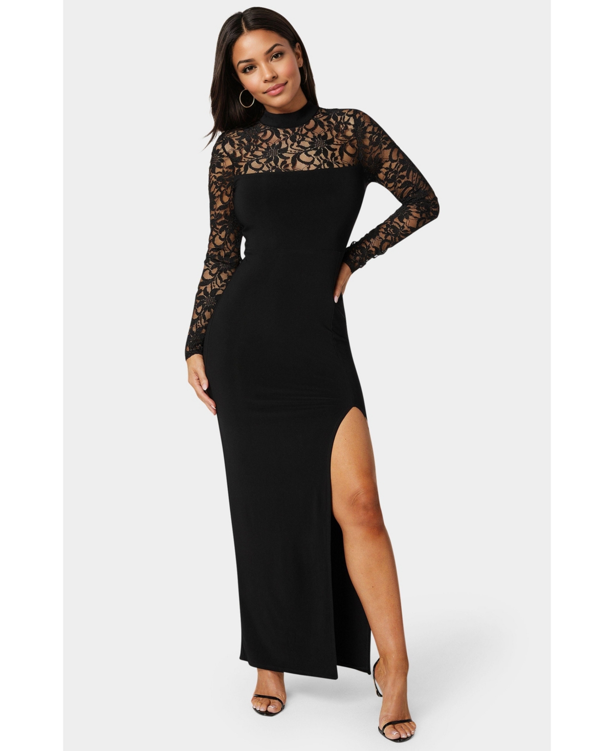 Click here for Bebe Womens Mock Neck Lace Bodice Maxi Dress - Bla... prices