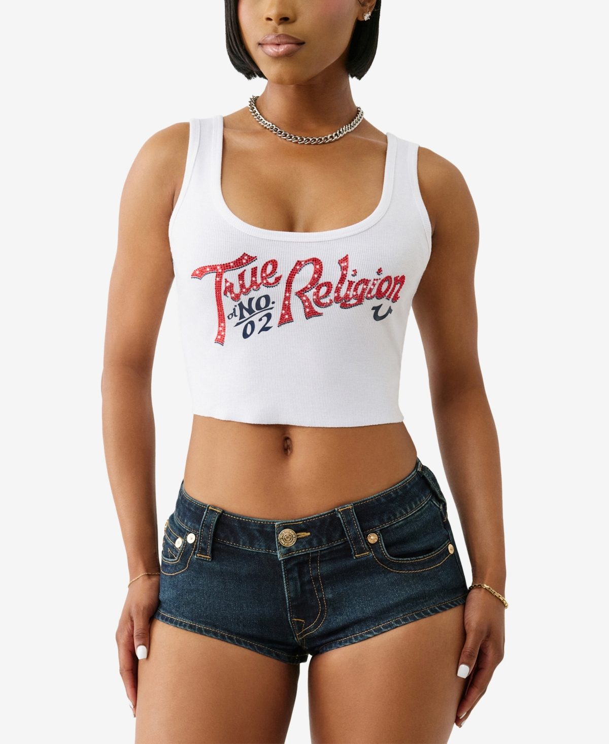 True Religion Womens Crystal Rib Crop Tank Top - Optic White