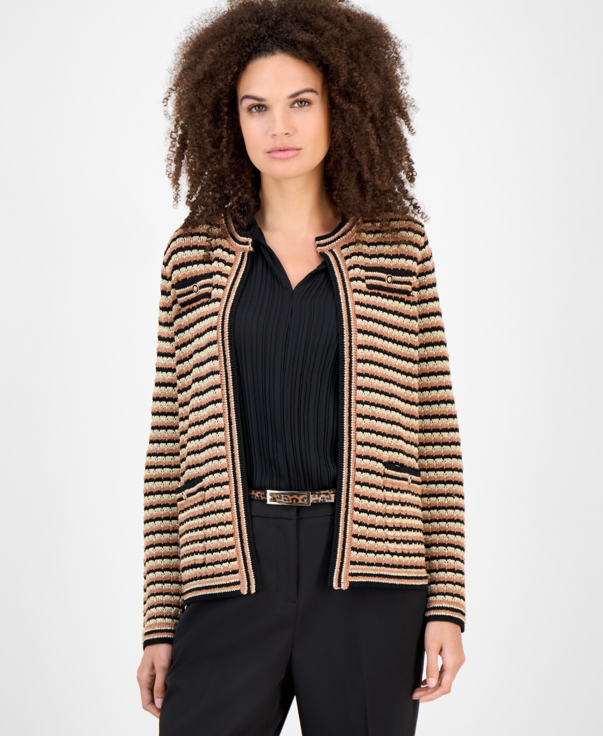 Click here for Anne Klein Womens Metallic-Knit Cardigan - Vicuna... prices