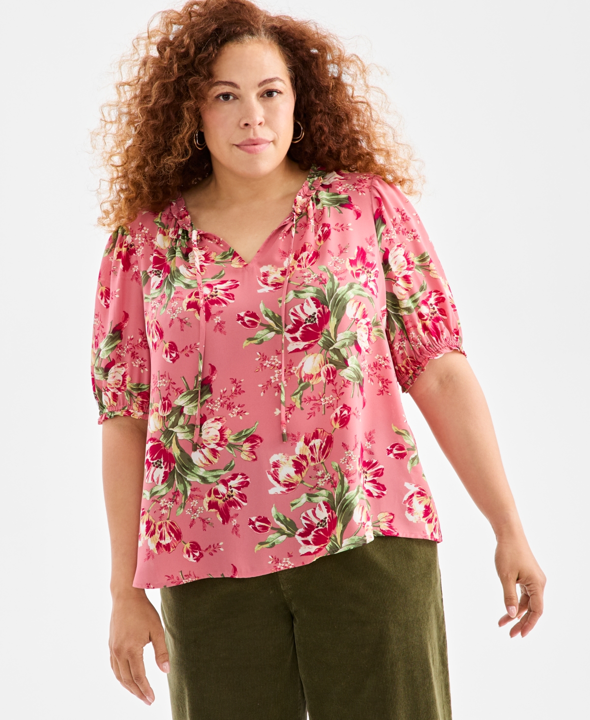 Click here for Style & Co Plus Size Floral Printed Puff-Sleeve Bl... prices