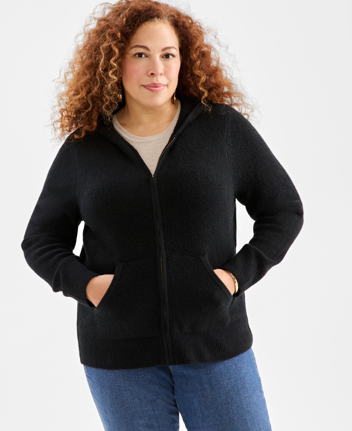 Click here for Style & Co Plus Size Zip-Front Hooded Sweater  Mac... prices