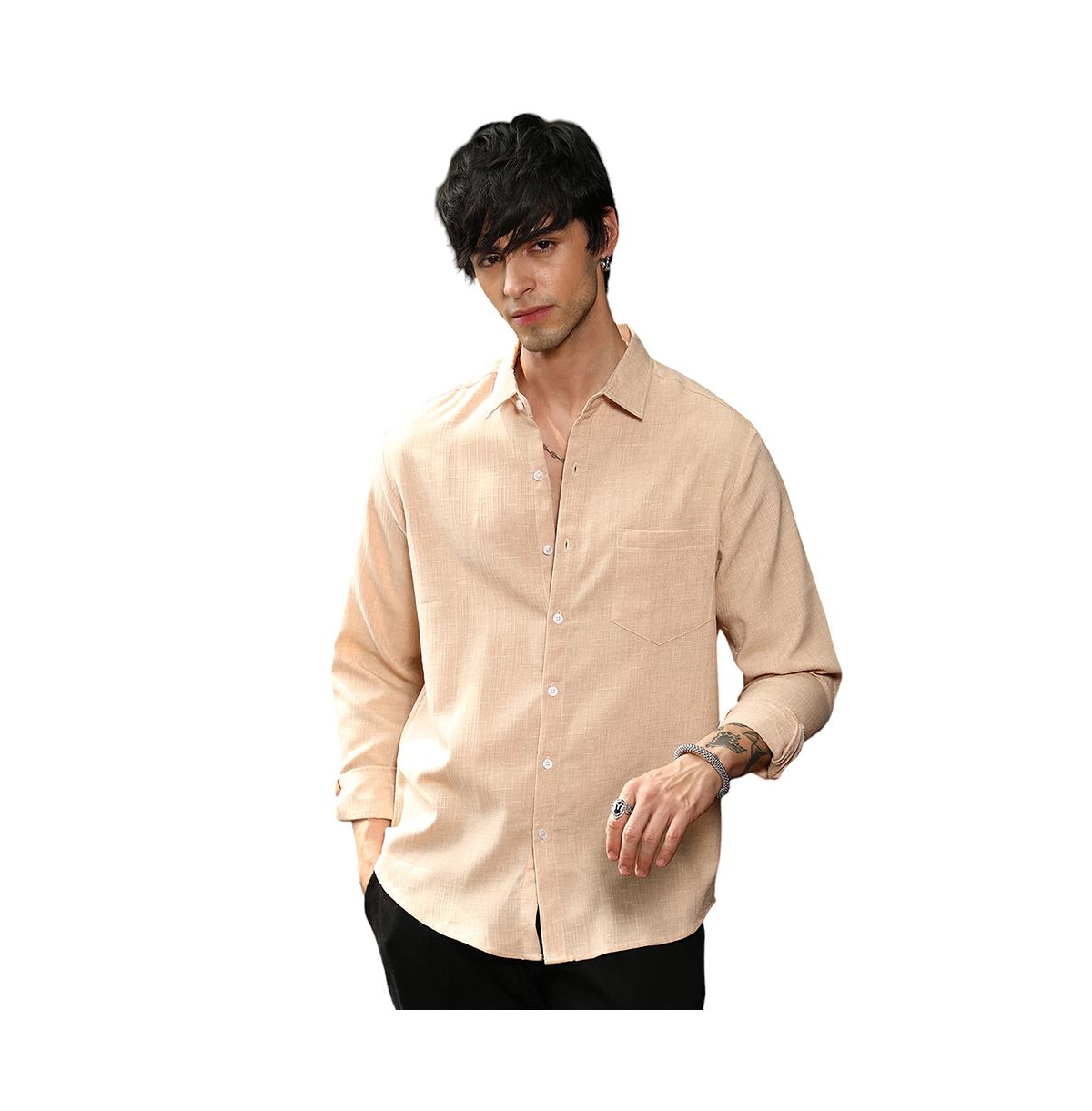 Click here for Campus Sutra Mens Ecru Beige Solid Relaxed Shirt -... prices