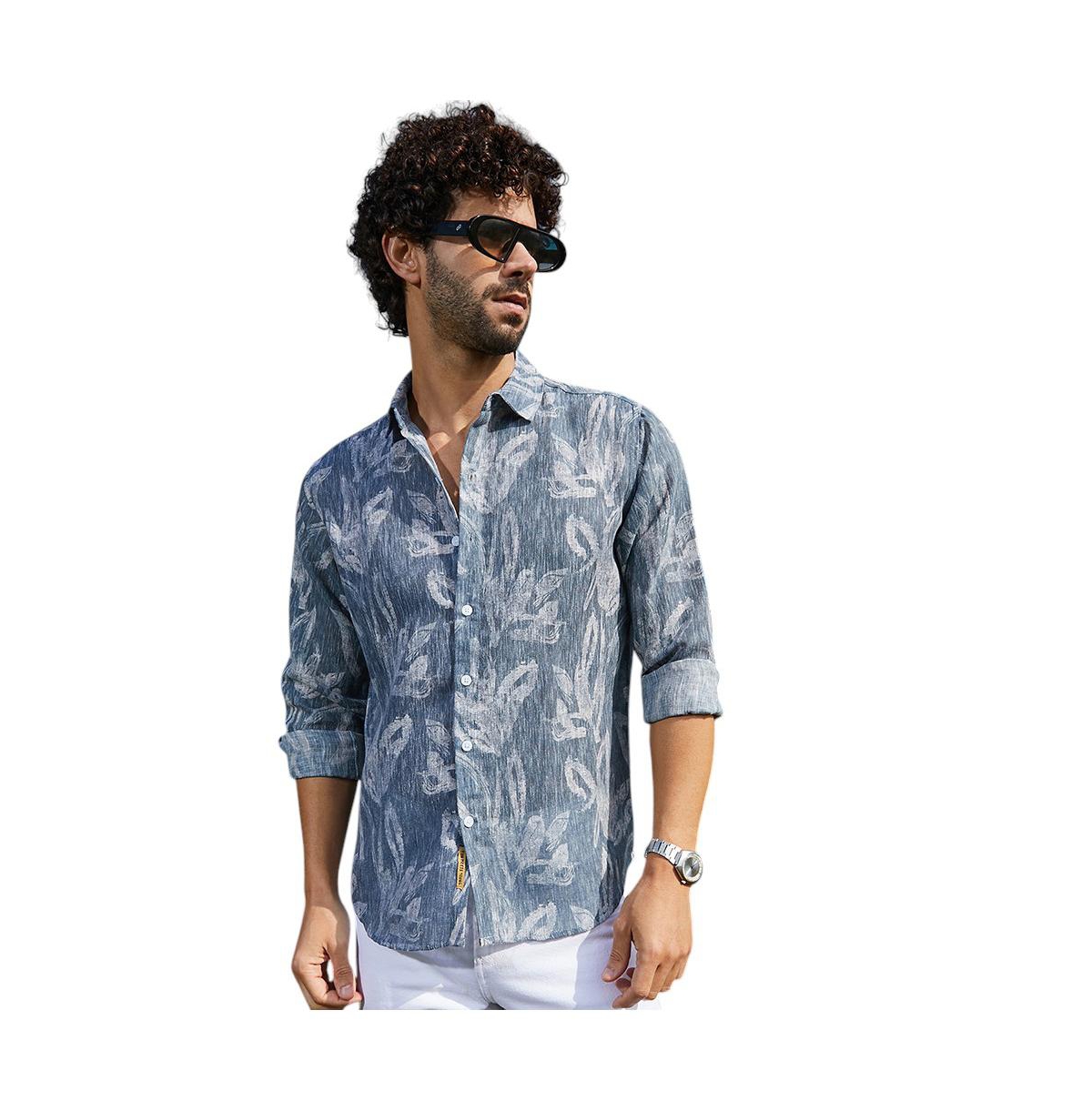 Click here for Campus Sutra Mens Steel Blue Stroked-Petals Shirt... prices