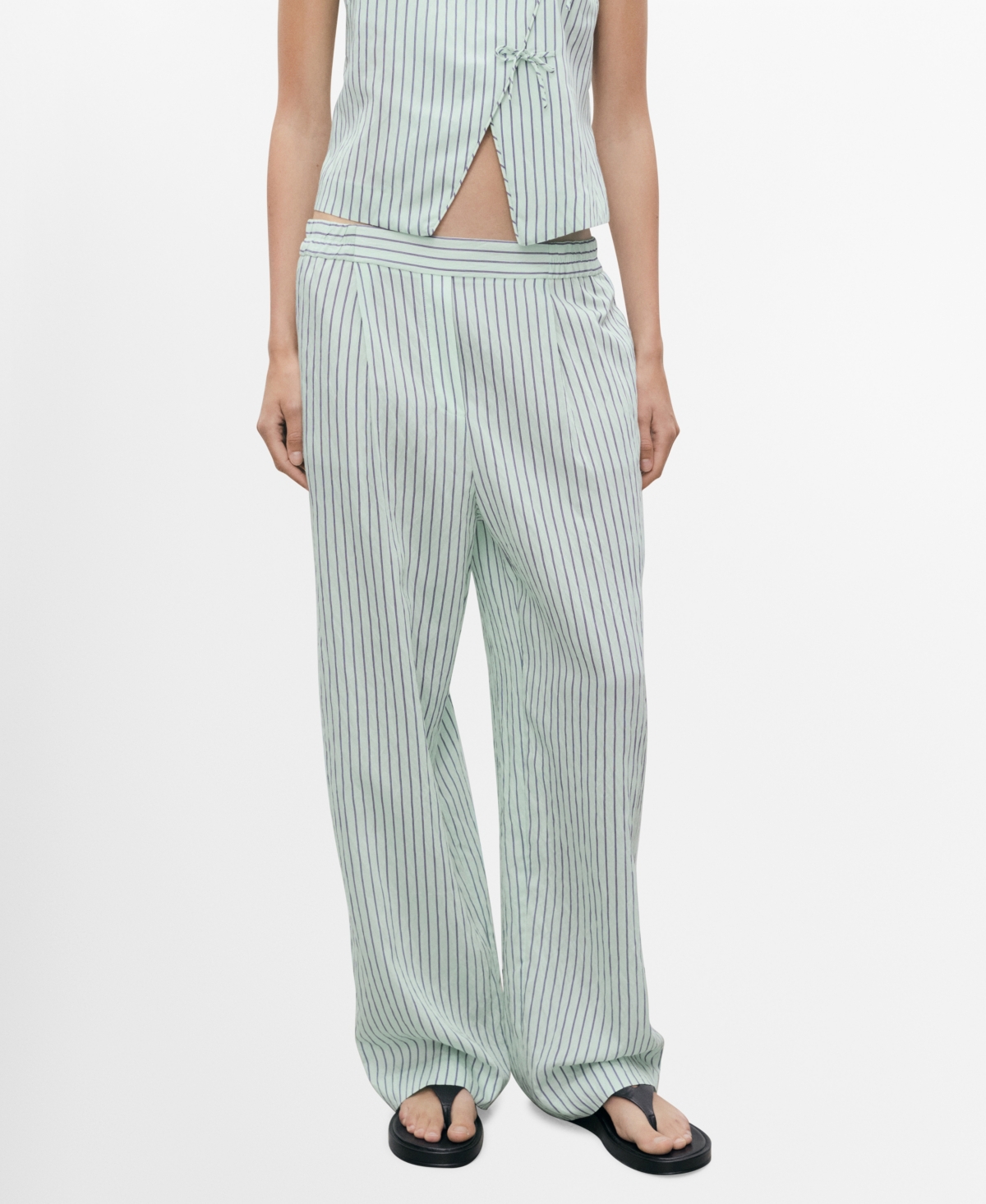 Mango Womens Low-Rise Striped Pants - Pastel Green