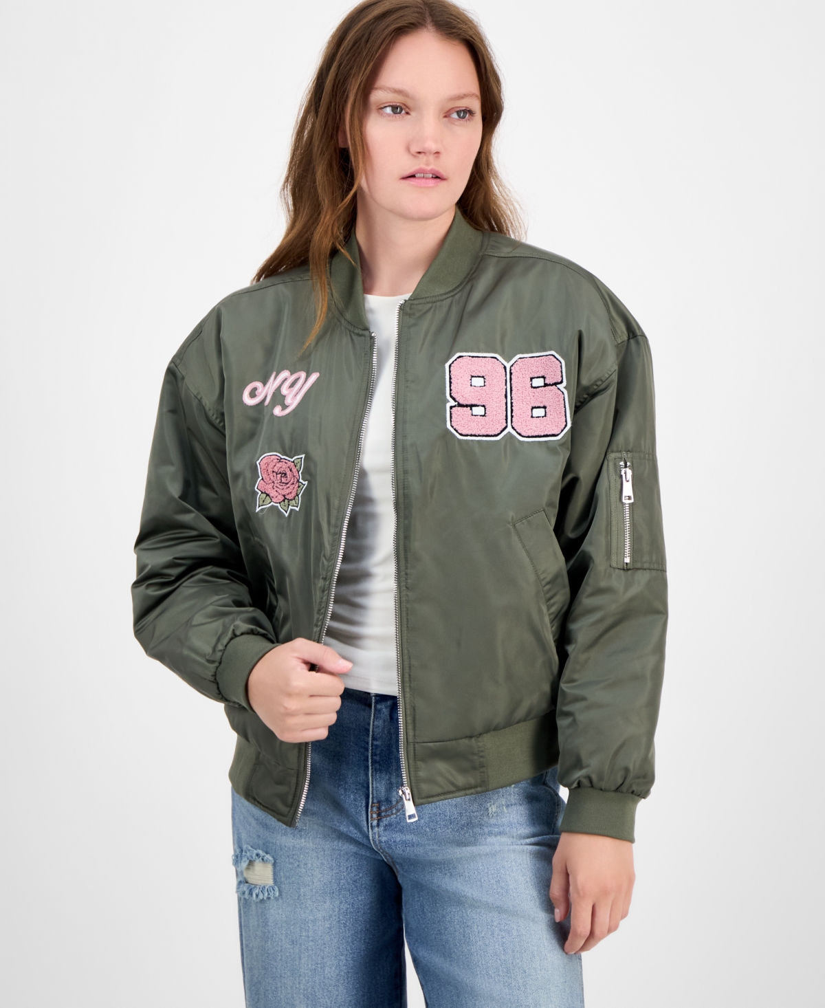 Click here for Hippie Rose Juniors Oversized Bomber Jacket - Oliv... prices