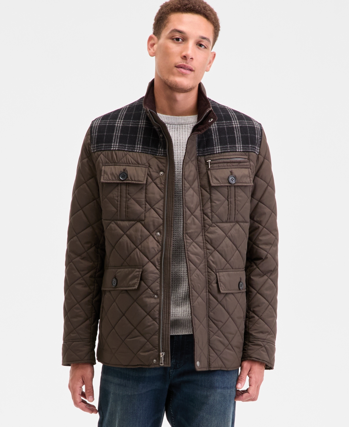 Click here for Cole Haan Mixed Media Quilted Jacket - Olive prices