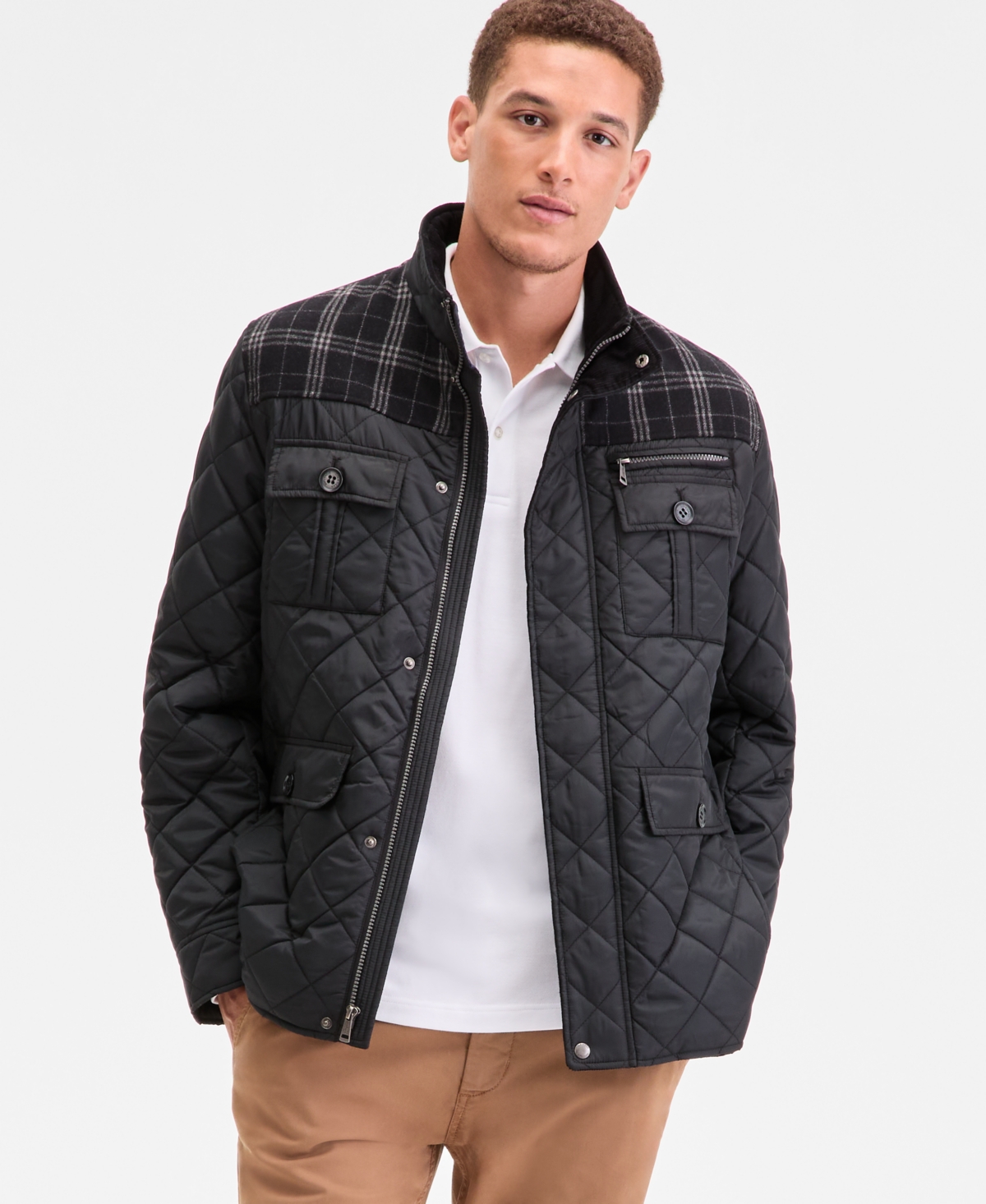 Click here for Cole Haan Mixed Media Quilted Jacket - Black prices