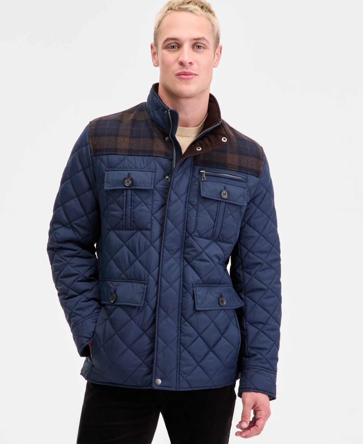 Click here for Cole Haan Mixed Media Quilted Jacket - Navy prices