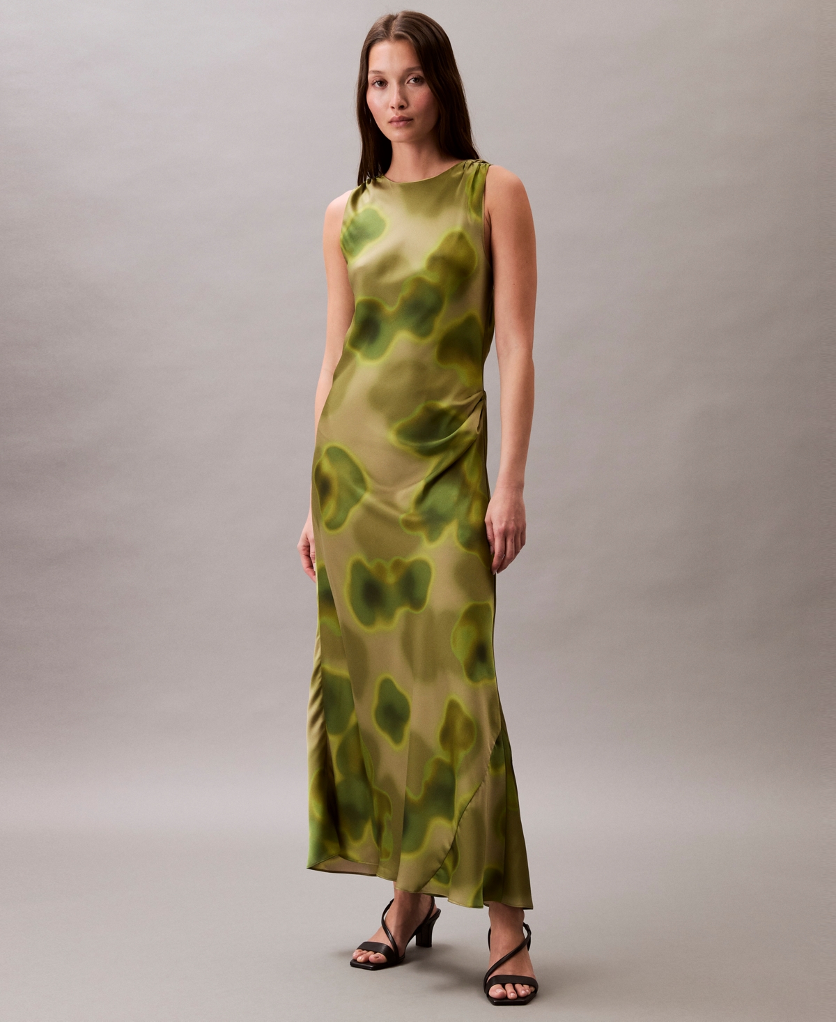 Click here for Calvin Klein Womens Printed Satin Maxi Dress - Gre... prices