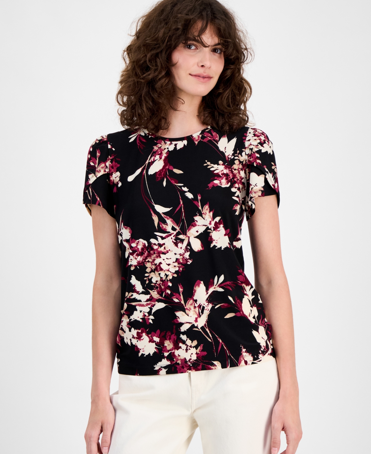 Click here for Ak Anne Klein Womens Floral-Print Tulip-Sleeve Top... prices