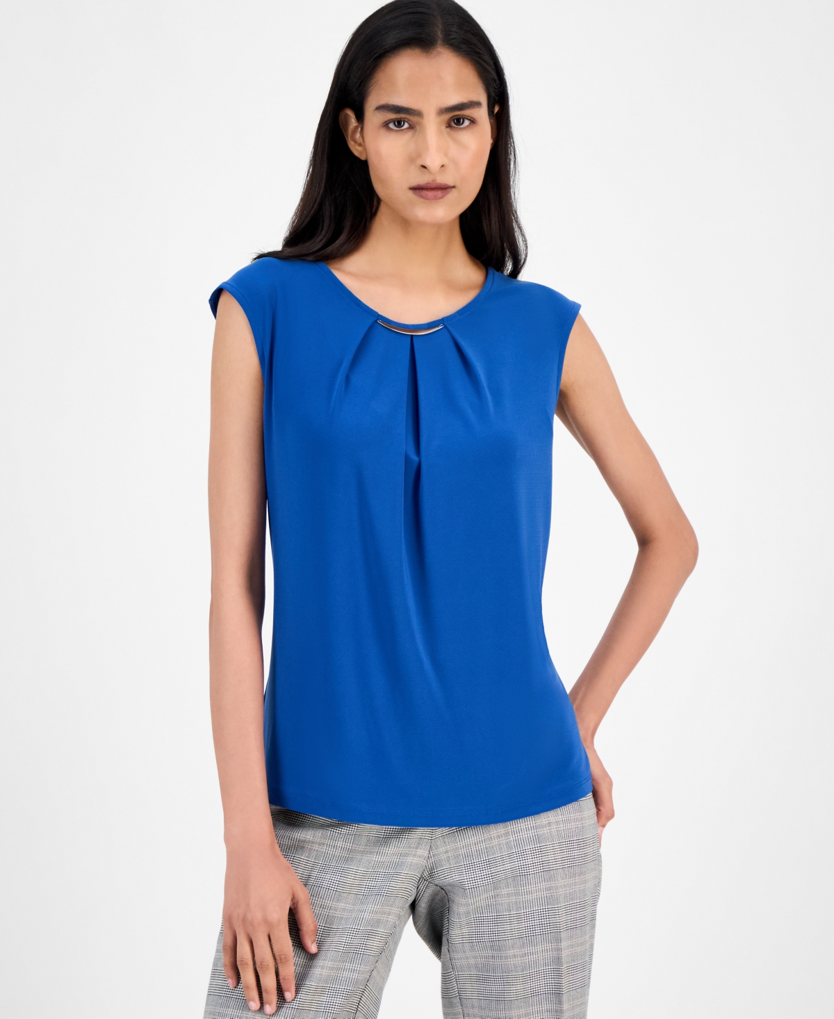 Click here for Kasper Pleated-Neck Cap-Sleeve Blouse  Regular & P... prices