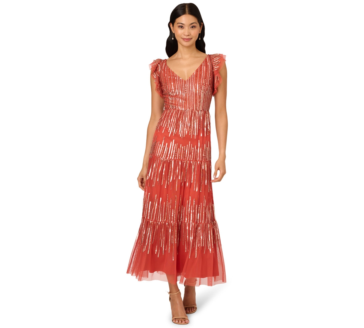 Click here for Adrianna Papell Womens Beaded Mesh Tiered Midi Dre... prices