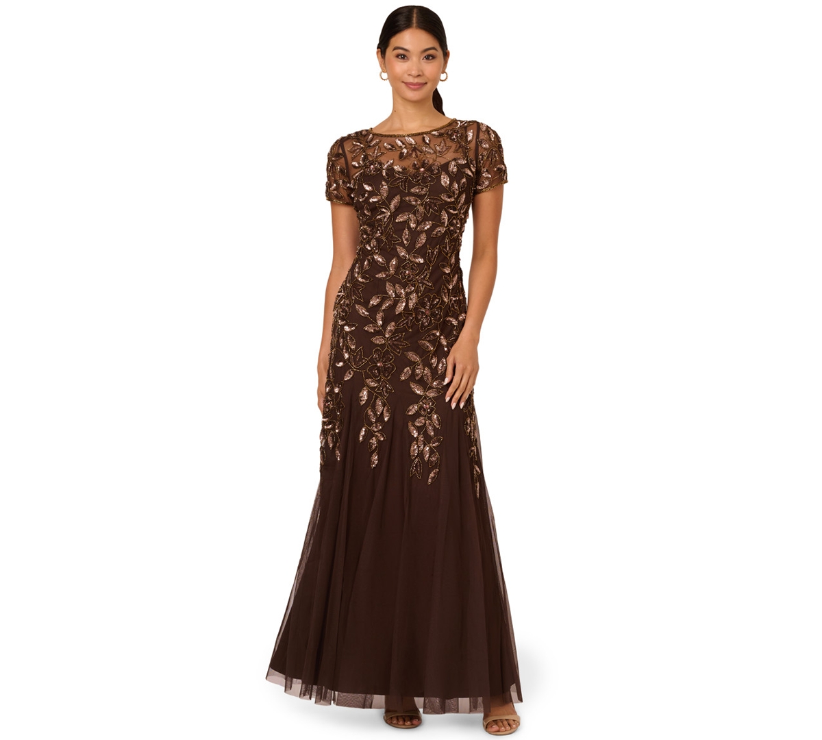 Click here for Adrianna Papell Size Floral-Beaded Gown - Chocolat... prices