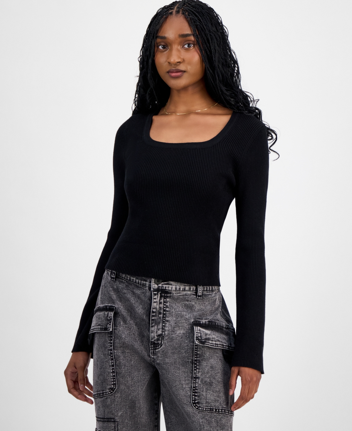 Click here for Madden Girl Juniors Square-Neck Sweater - Black prices