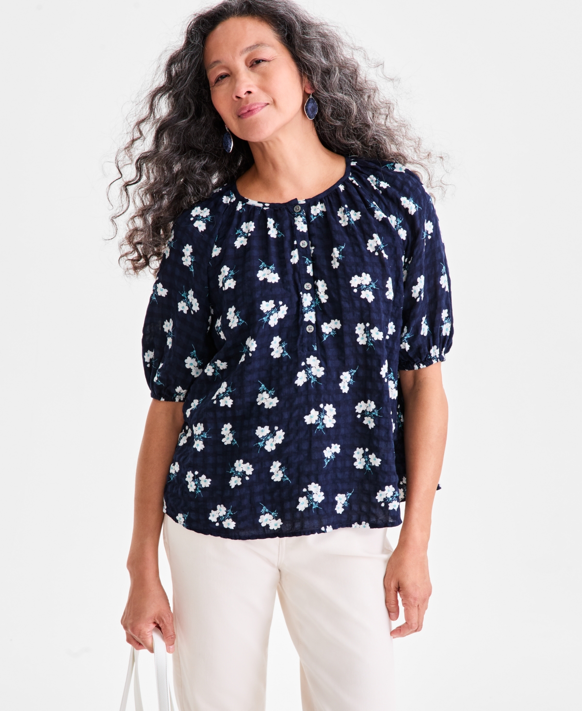 Click here for Style & Co Womens Printed Seersucker Split Neck To... prices