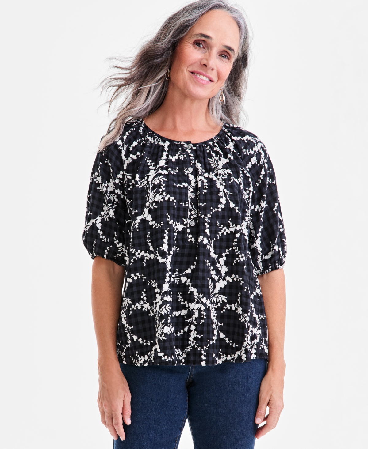 Click here for Style & Co Womens Printed Seersucker Split Neck To... prices