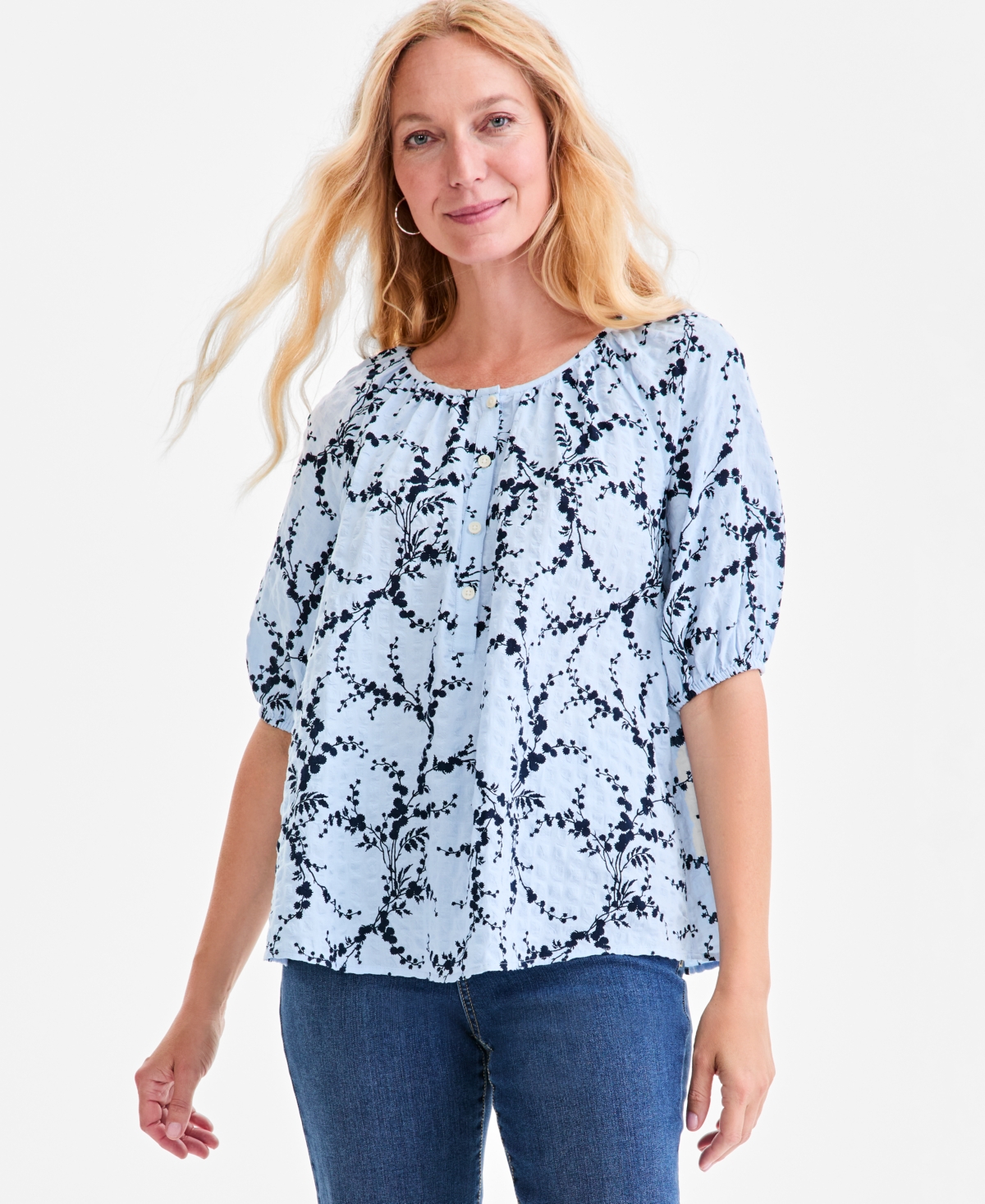 Click here for Style & Co Womens Printed Seersucker Split Neck To... prices