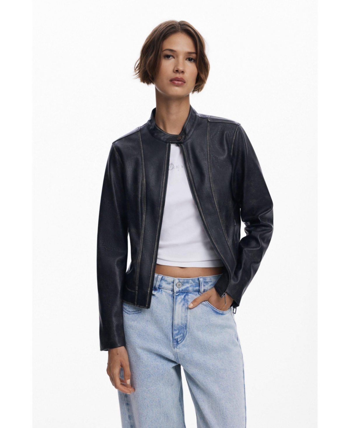 Desigual Womens Jacket with worn leather effect - Black