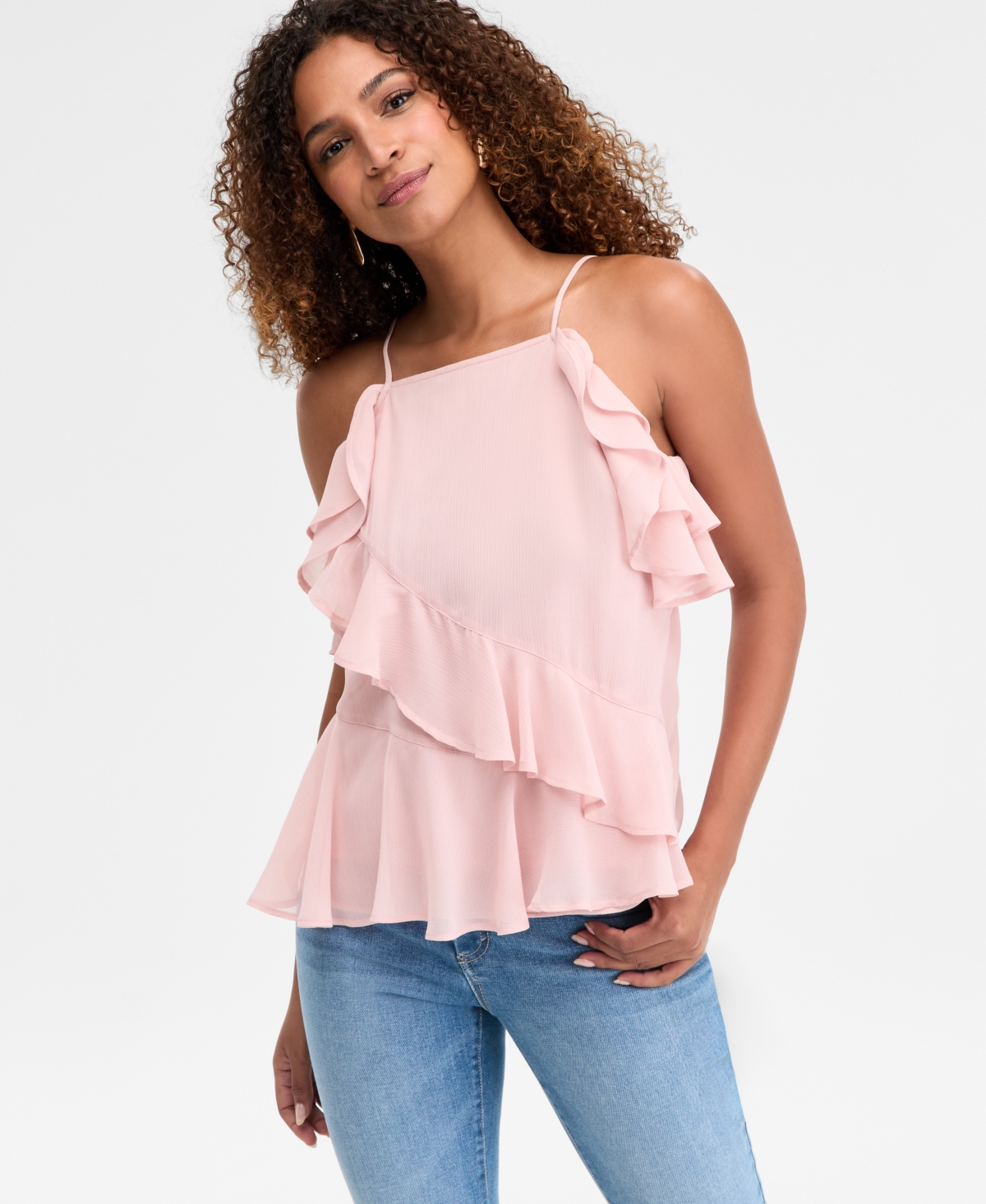 I.n.c. International Concepts Womens Ruffle-Trim Apron-Neck Tank  Macys Exclusive - Pale Mauve