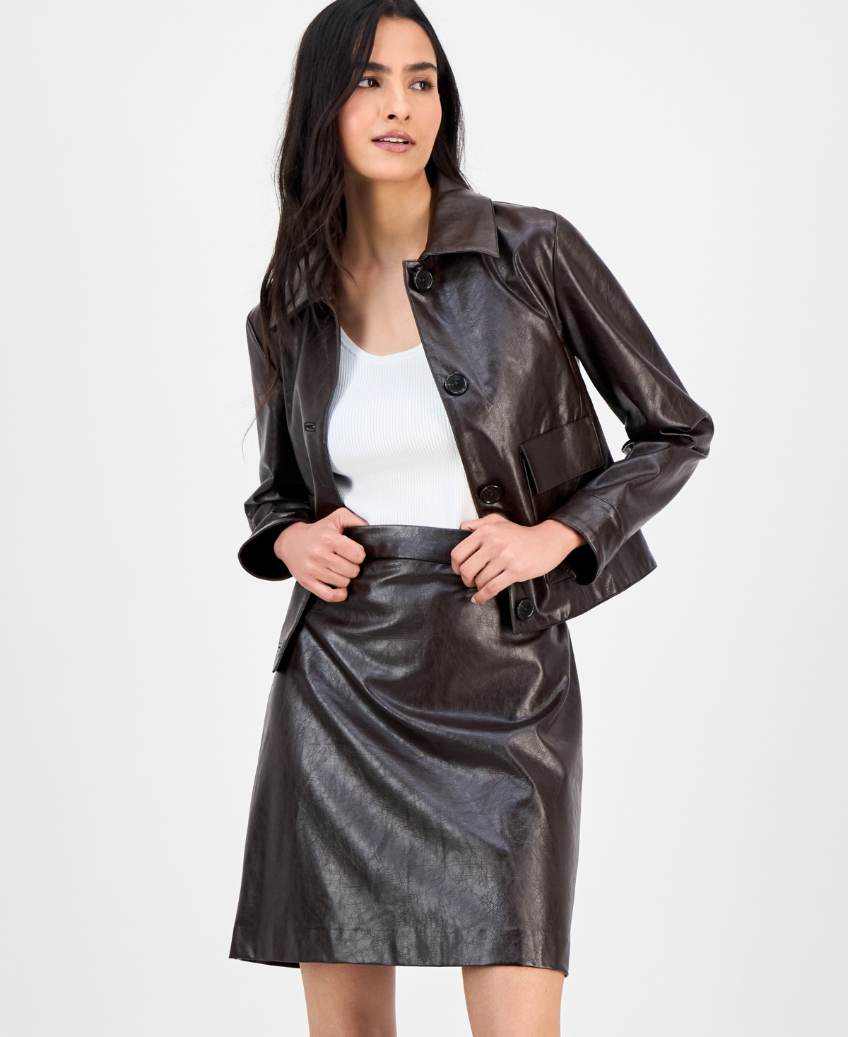 Click here for Anne Klein Womens Faux Leather Mini Skirt - Deep M... prices