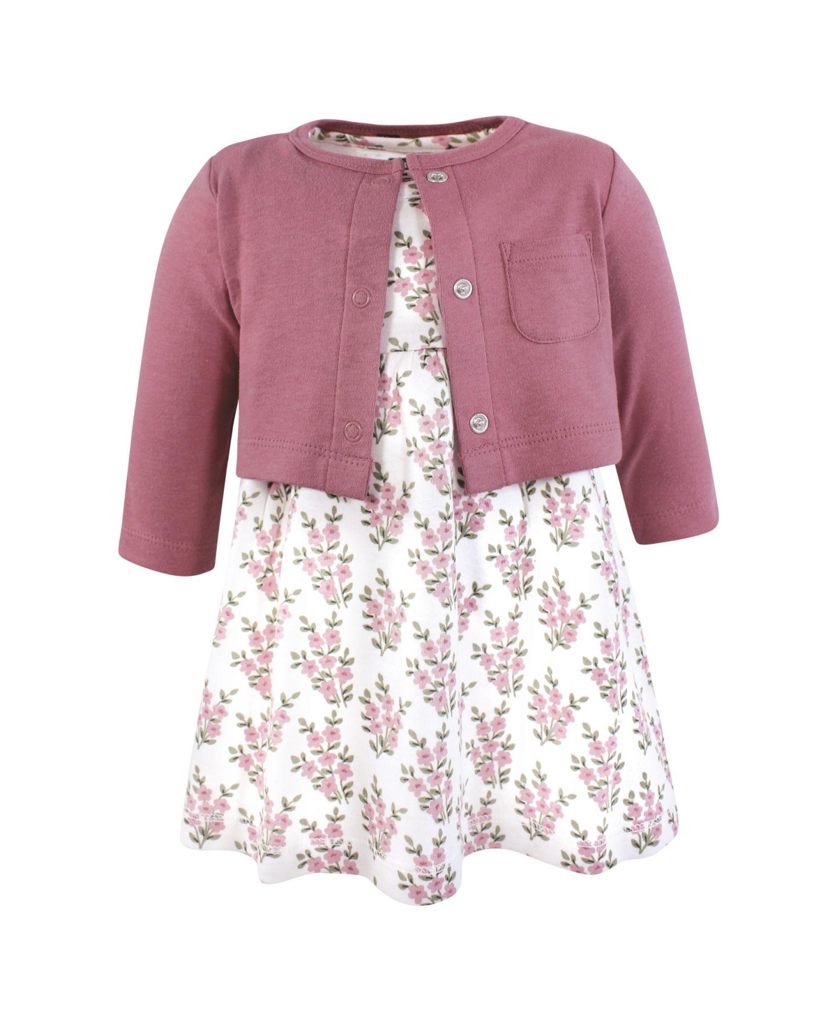 Hudson Baby Baby Girls Hudson Comfortable Cotton Dress and Matching Cardigan Set - Plum wildflower
