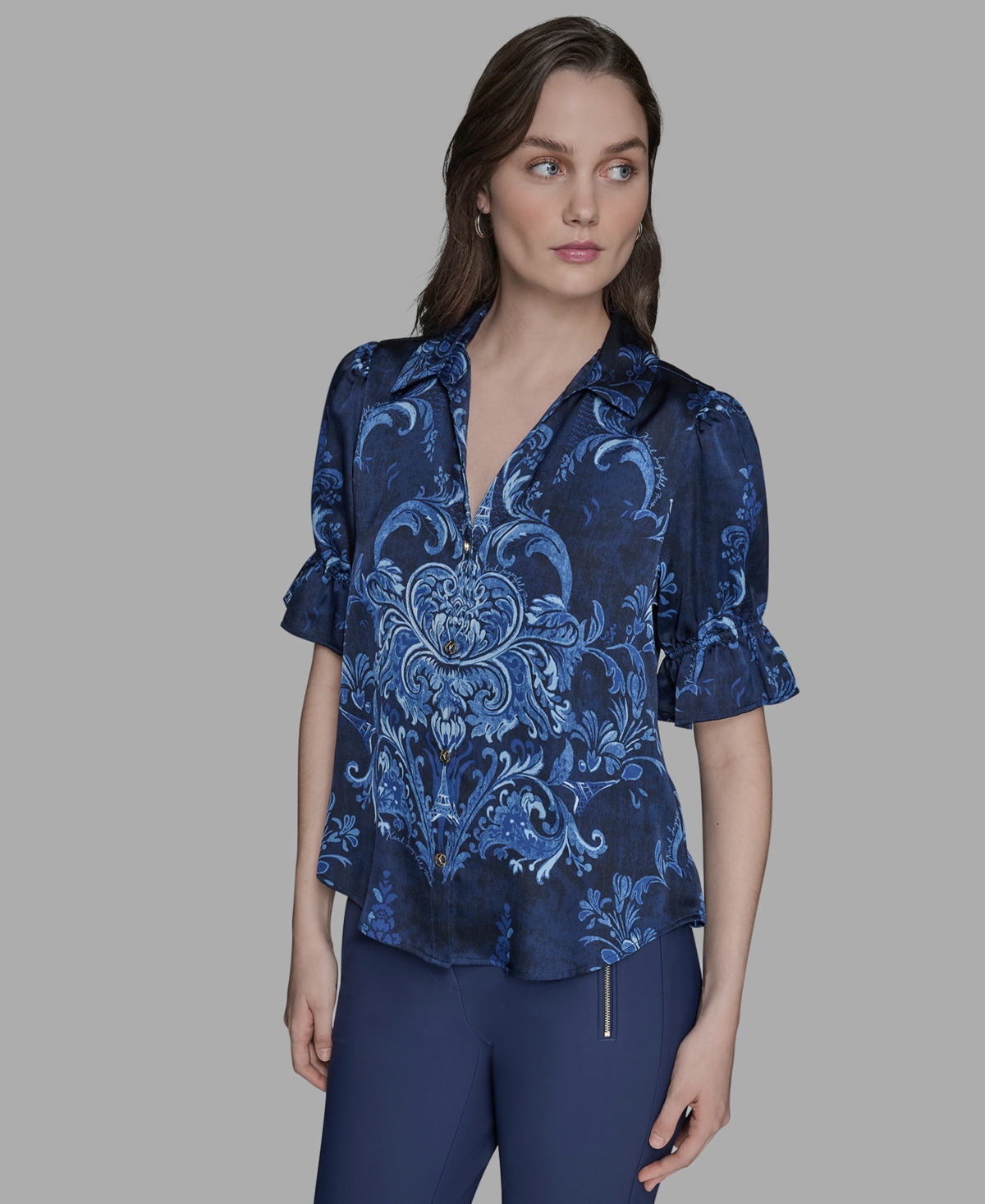 Click here for Karl Lagerfeld Paris Petite Printed Puff-Sleeve Bu... prices