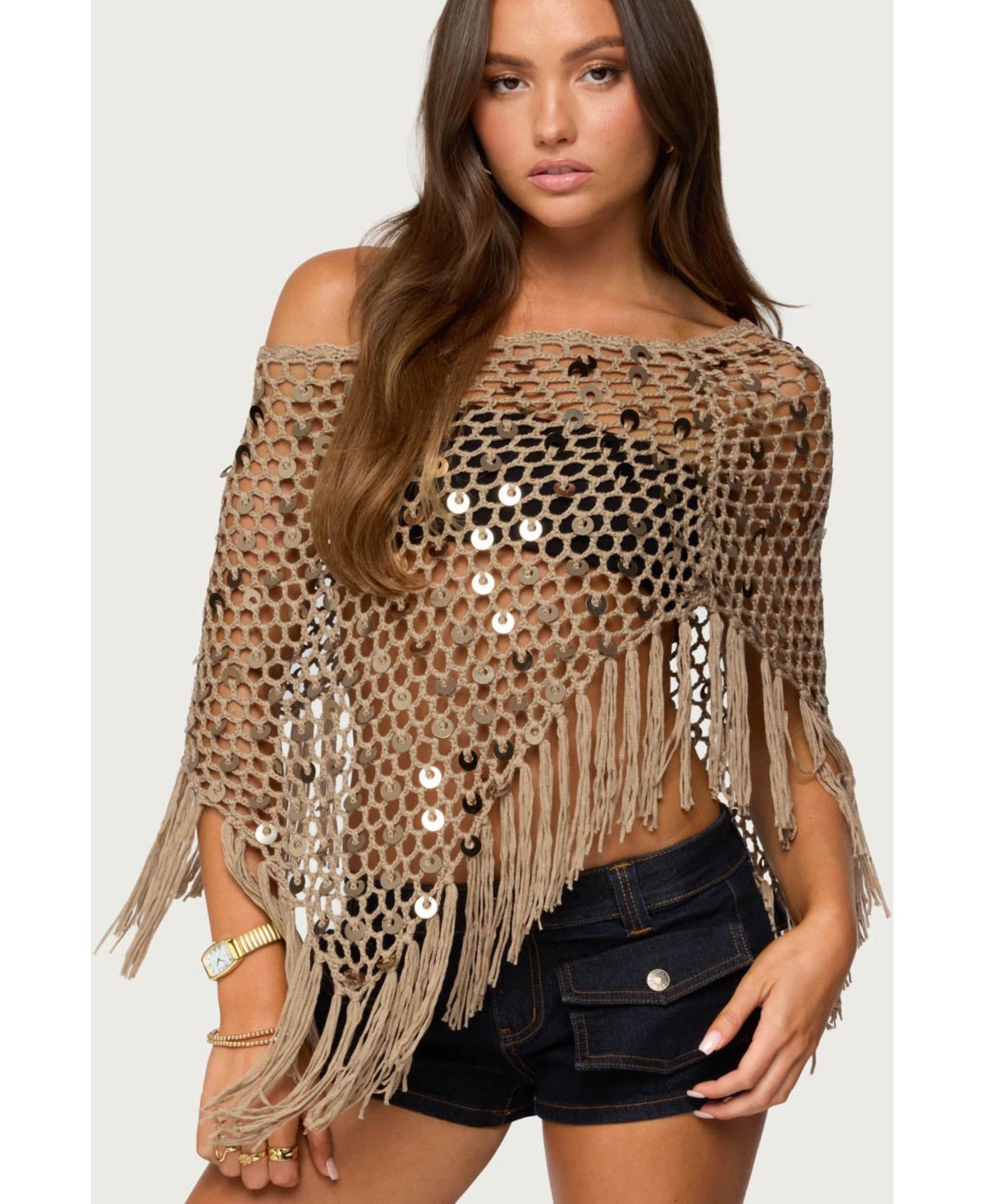Click here for Edikted Womens Fringe Sequin Crochet Poncho - Tan prices