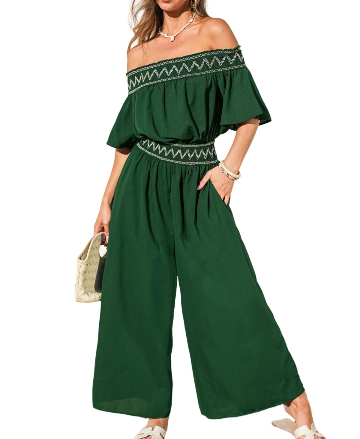 Cupshe Womens Off-Shoulder Embroidered Jumpsuit - Green