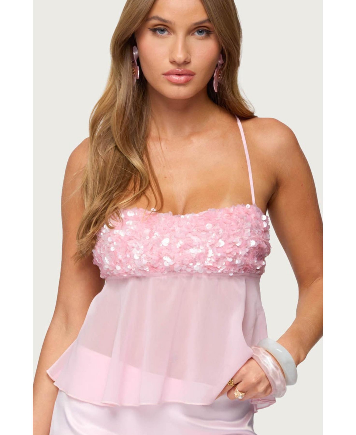Click here for Edikted Womens Vella Sequin Sheer Chiffon Top - Pi... prices