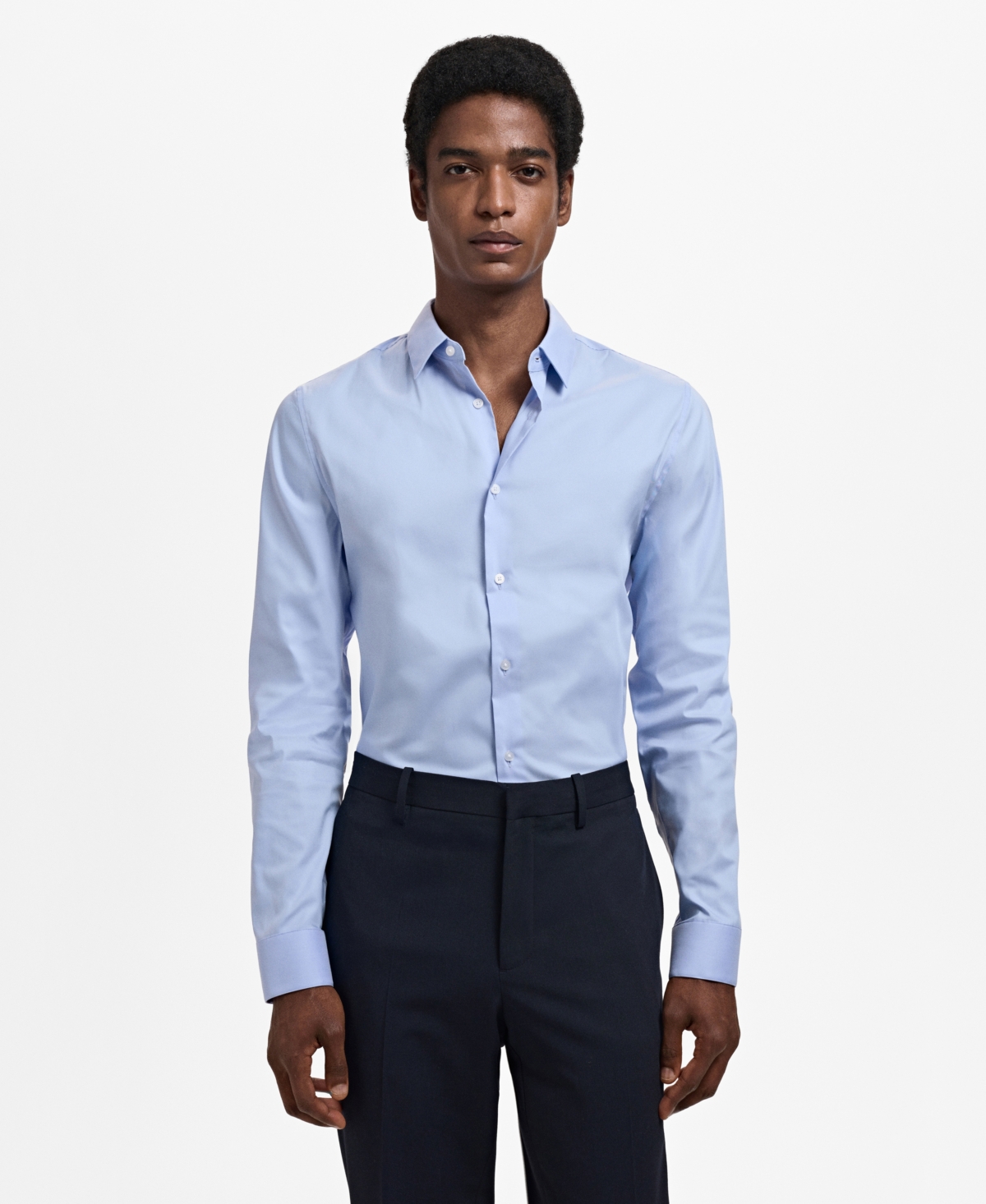 Click here for Mango Mens Slim-Fit Cotton Dress Shirt - Sky Blue prices