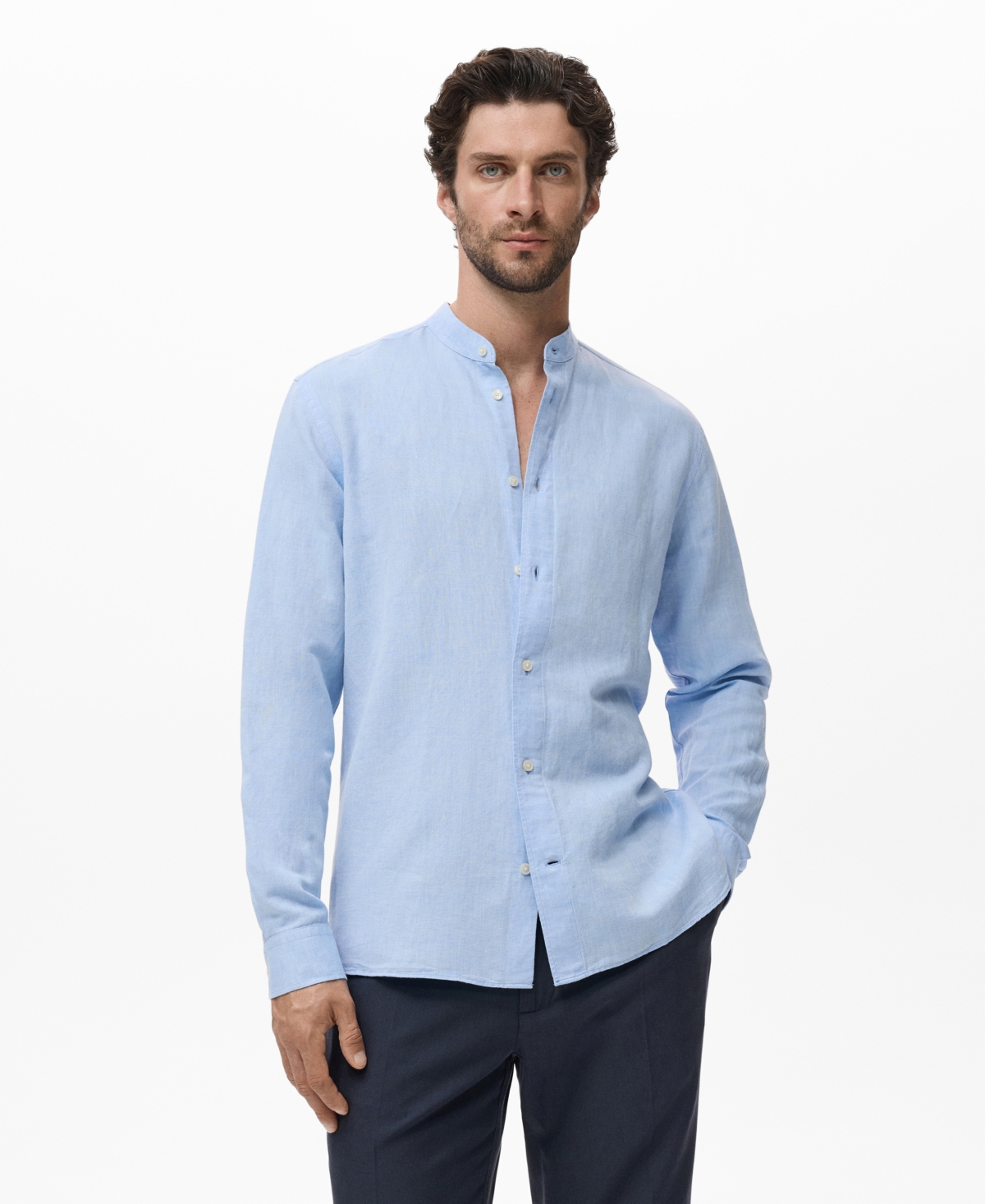 Click here for Mango Mens Mao Collar Linen Shirt - Sky Blue prices