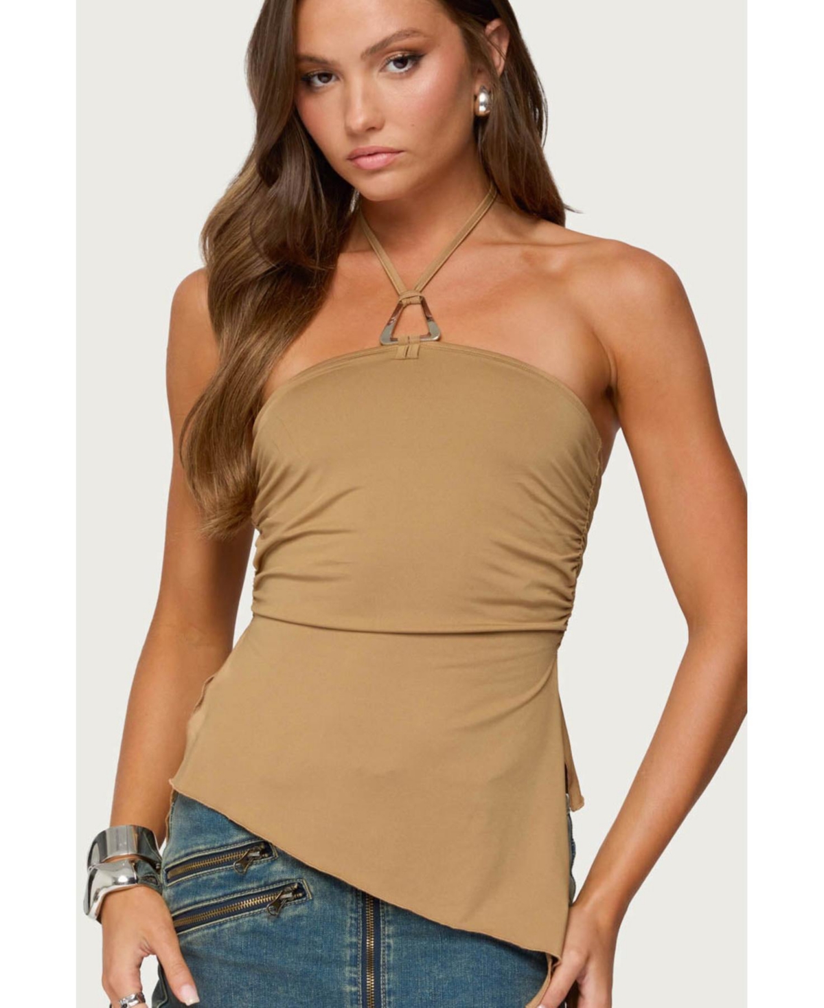 Edikted Womens Malena Asymmetric Halter Top - Light-brown