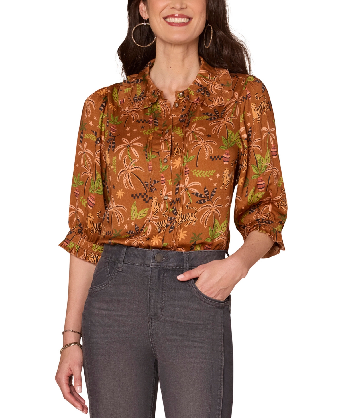 Click here for Democracy Petite Printed Ruffled Pintucked Top - C... prices
