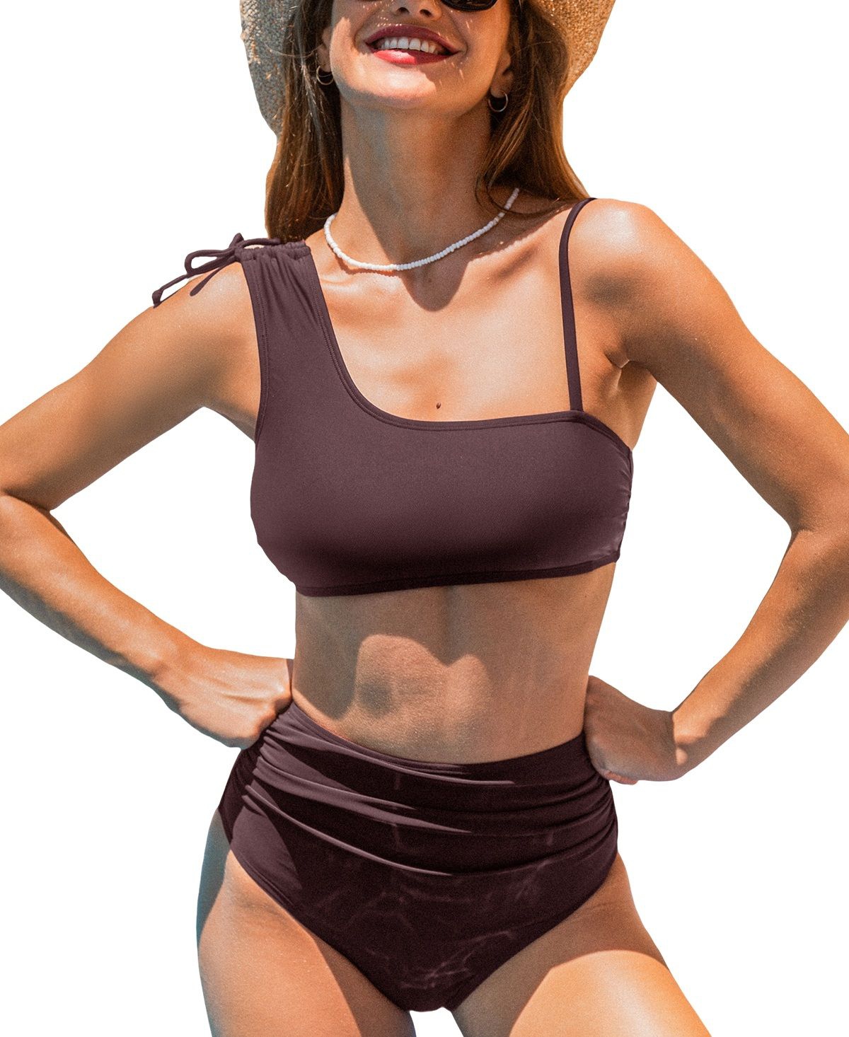 Cupshe Womens Asymmetrical Neck Drawstring Shirred Bikini Sets - Brown
