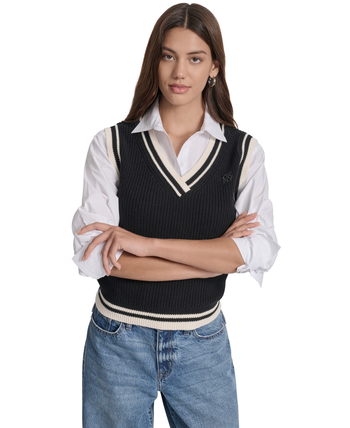 Click here for Dkny Jeans Womens Contrast Trim Cotton V-Neck Slee... prices